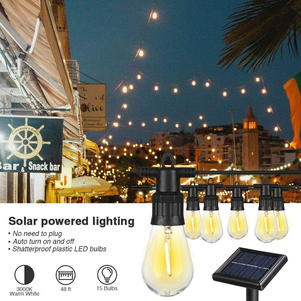 Ampersand Shops 48 Feet Outdoor Solar String Lights Warm White 15 LED Bulbs Home Garden Patio Backyard Mood Lighting