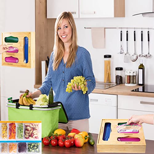 Bamboo Ziplock Bag Storage Organizer for Kitchen Drawer, Wooden Food Storage Bag Holders, Ziploc Baggie Organizer Dispenser, Compatible with Gallon, Quart, Sandwich & Snack Bags Variety Size Bag