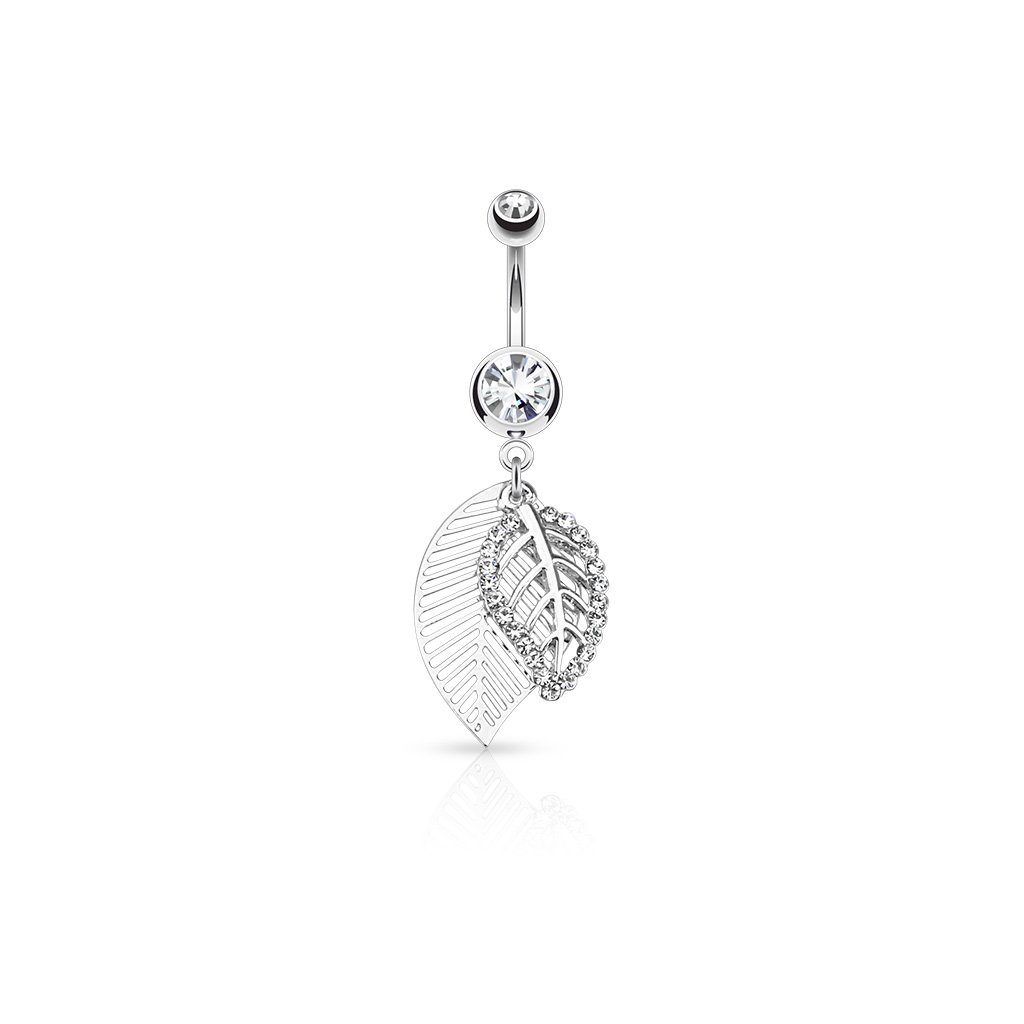 14GA Stainless Steel CZ Crystal Paved Leaves Dangling Belly Button Ring (Silver Tone)