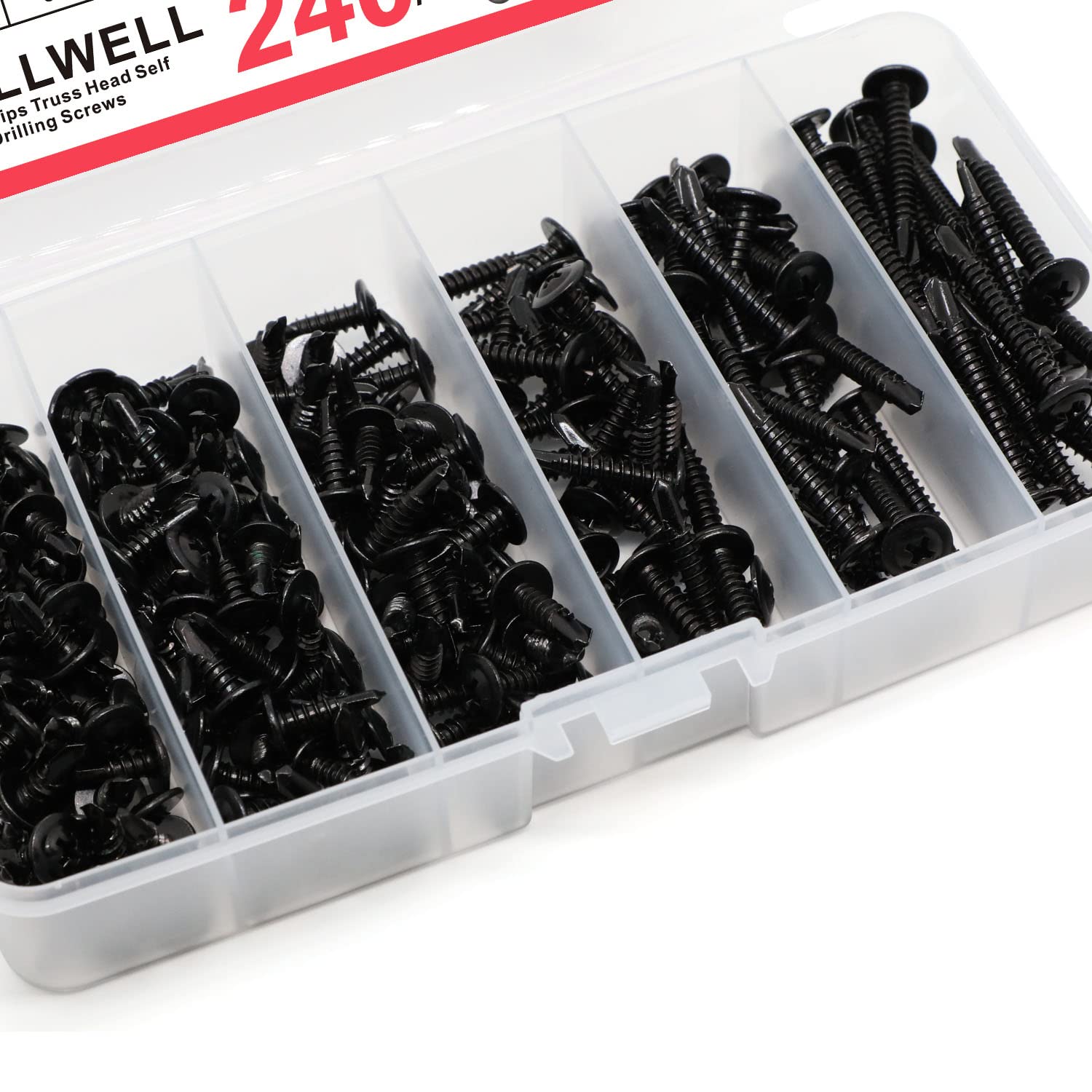 240PCS #8 Self Drilling TEK Screw Assortment Kit, Hex Washer Head Self Tapping Screws for Metal, Black Oxide 410 Stainless Steel Screws, Length 1/2" to 1-1/2"