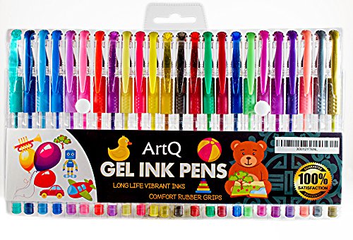 ArtQ Gel Pen Set of 24 Glitter/Neon/Metallic & Pastel Great Coloring | Draw Sketch Doodle Art | Personalize Greeting Cards | Fun Creative Gift