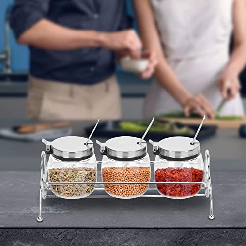 only fire Condiment Jar Spice Container with Lids, Stainless Steel Serving Spoons, Base Rack and Labels - Glass Seasoning Bottles Kitchen Accessories | Set of 3