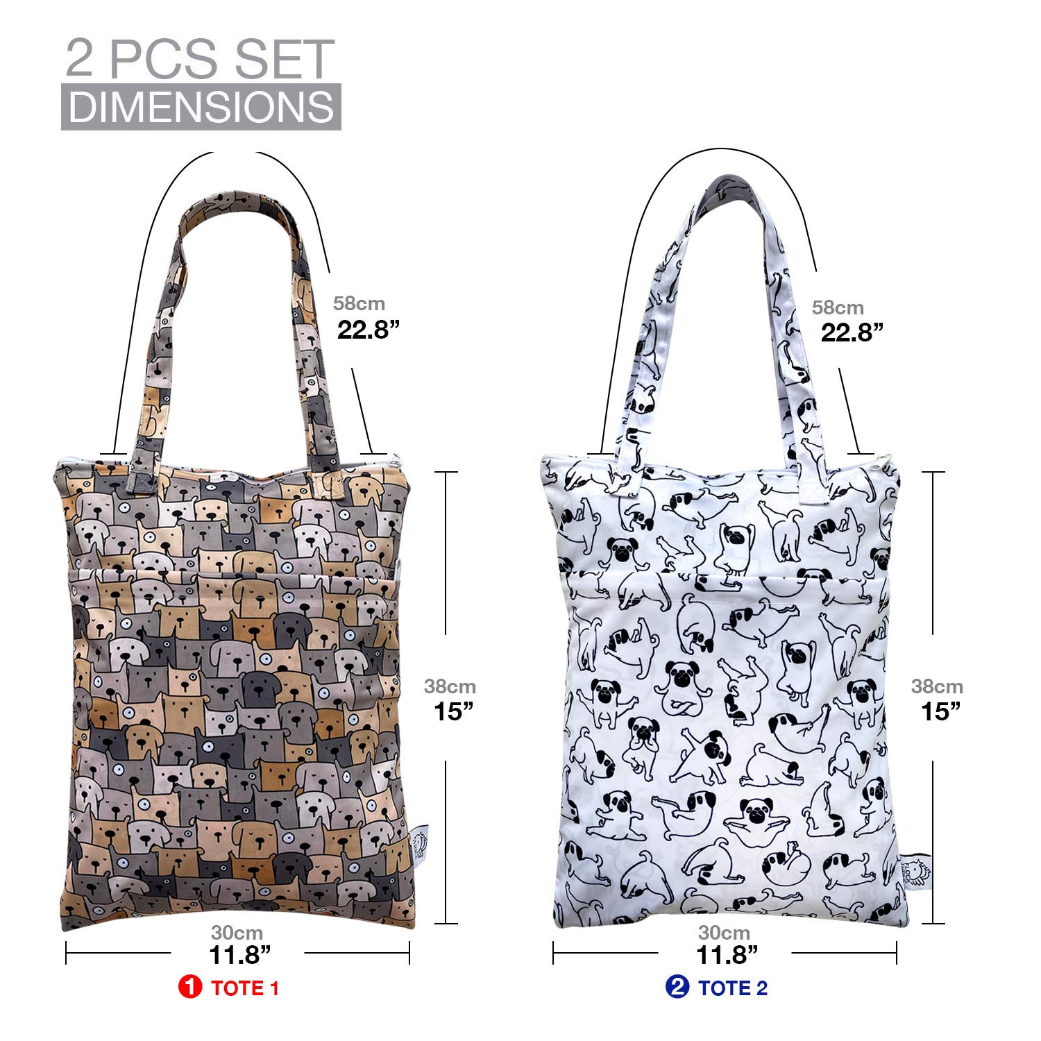 FLOCK THREE 2pcs Wet Dry Bag Waterproof Tote Reusable Wet Clothes Baby Diapers Stroller Swimsuit Travel Small Larger Electronics Toiletries Pouch Cute Dogs