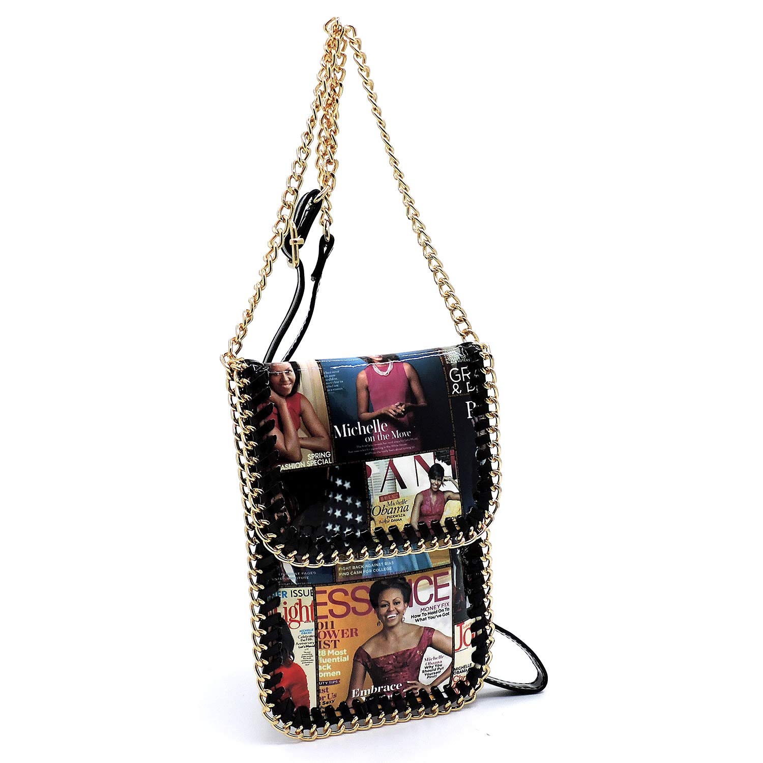 Amy & Joey Glossy magazine cover collage chain around Large crossbody bag purses cellphone carrying bag Michelle Obama bags (MT/BK)