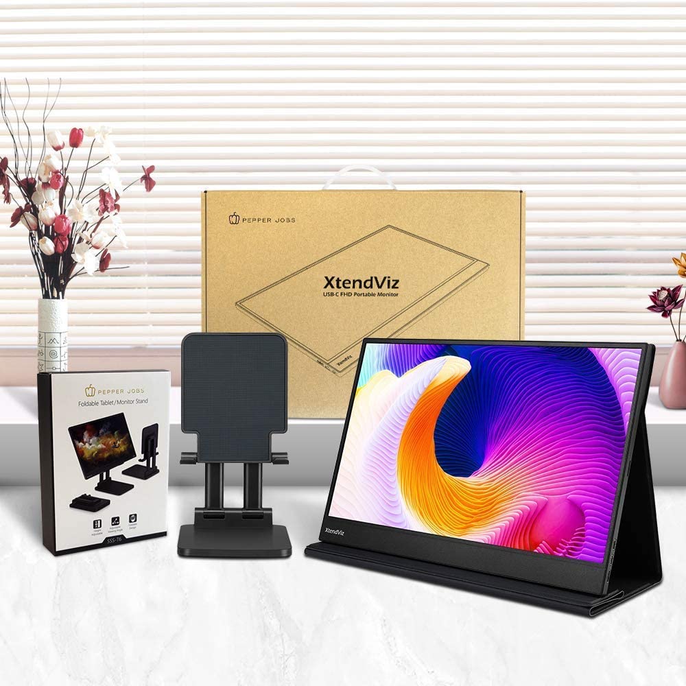 PEPPER JOBS 15.6" USB-C Portable Monitor HD 1080P Laptop Monitor Extender and Tablet Holder Solid Sturdy Stand, Dual Tube Foldable for Ipad Pro Holder Stand, Universal Tablet Stand