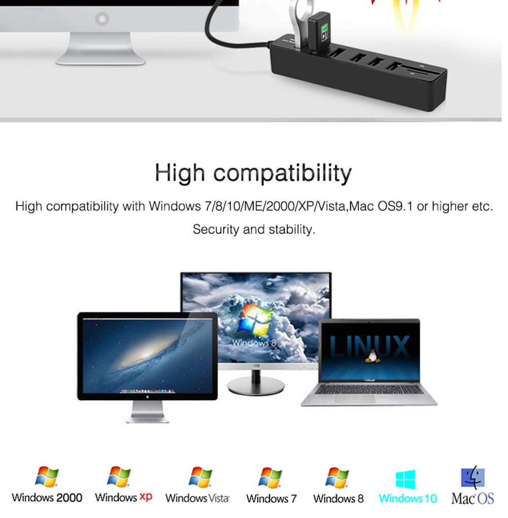 Fansipro 5V USB Hub 2.0-multiplexer High-Speed 6-Port for TF/SD Card Adapter, Black