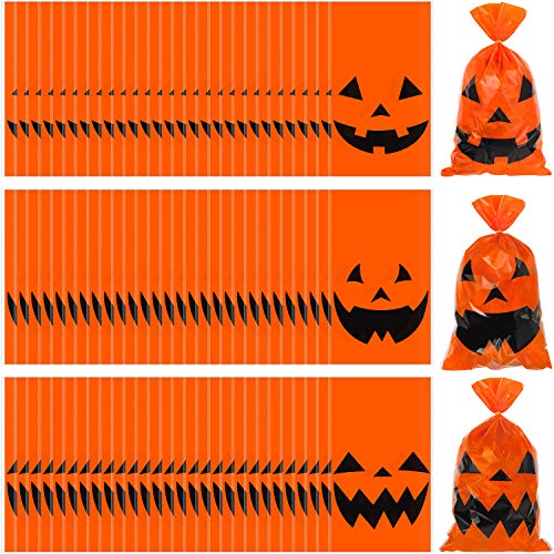 Outus 150 Pieces Halloween Trick or Treat Plastic Candy Bags Jack-O-Lantern Pumpkin Bags Goody Tote Bag Party Favor Bags with Handles Party Favors(Orange with Black Accents)