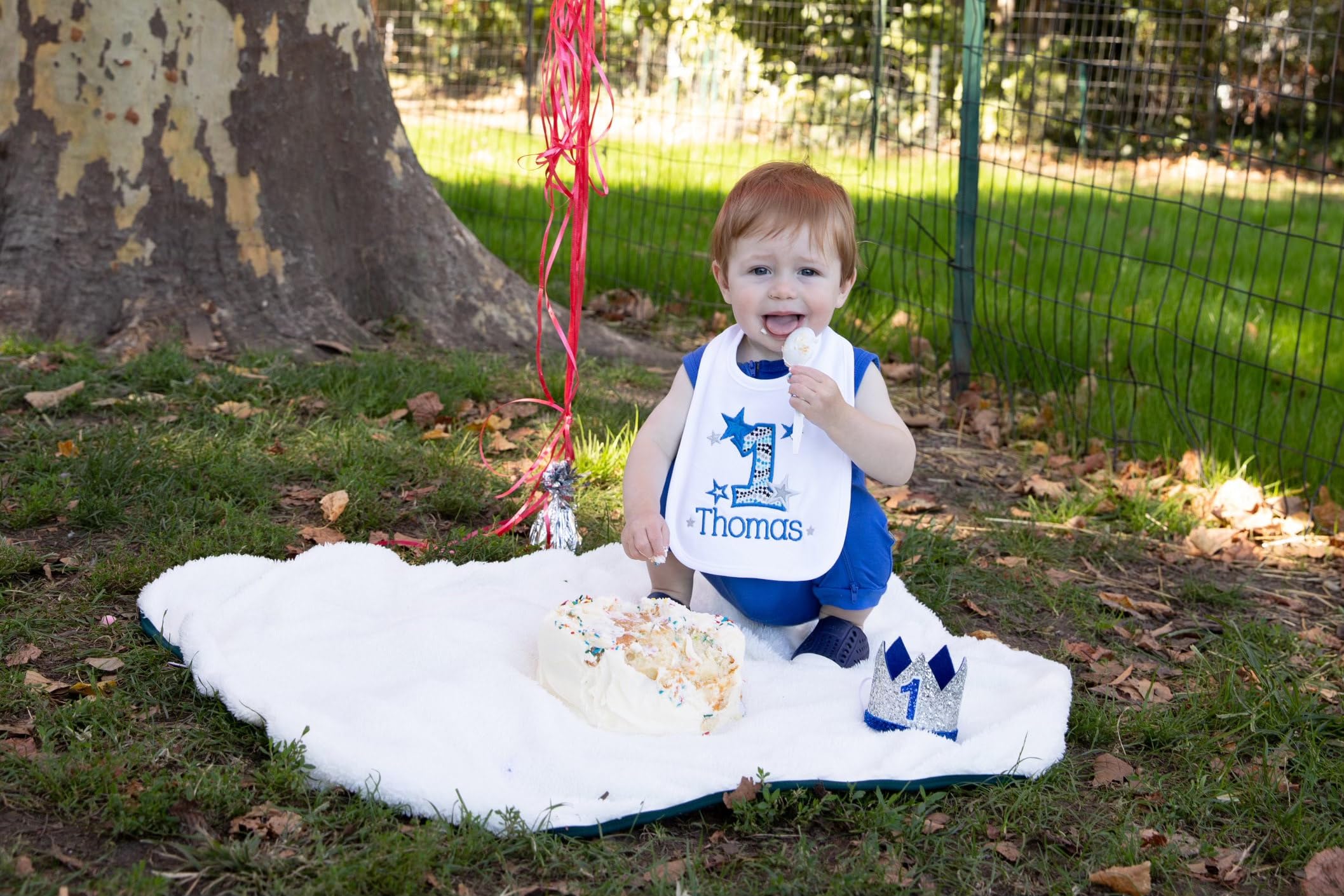 Fantasy Kids Designs First Birthday Boy Bib Smash Bib for Baby Boy Personalized with Custom Name (White Bib/Royal Blue)