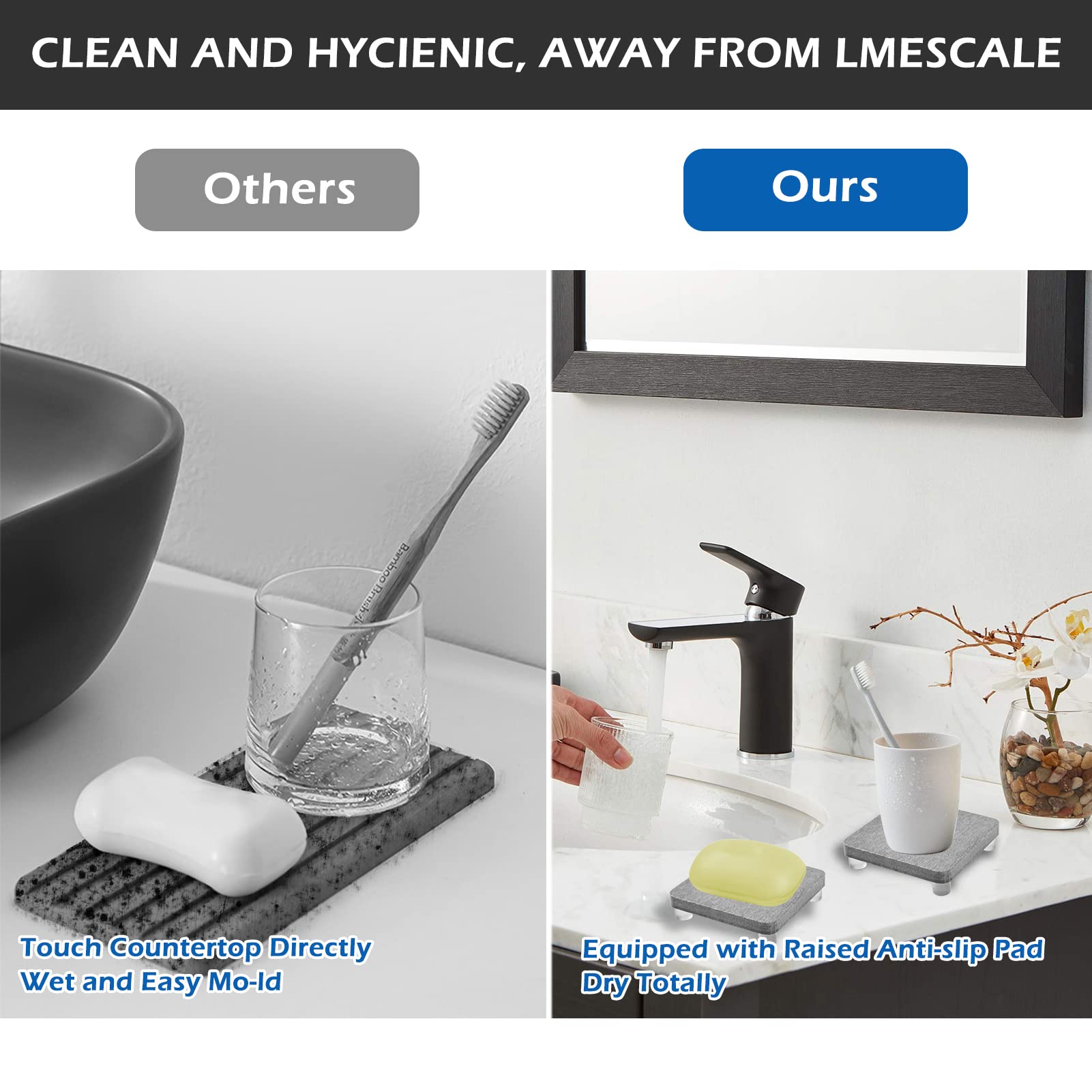 4 Pack Water Absorbent Diatomite Coasters, Instant Dry Sink Organizer Water Absorbing Stone Tray Diatomaceous Earth Soap Dish Toothbrush Holder Stone Drying Mat for Bathroom Kitchen Sink Countertop