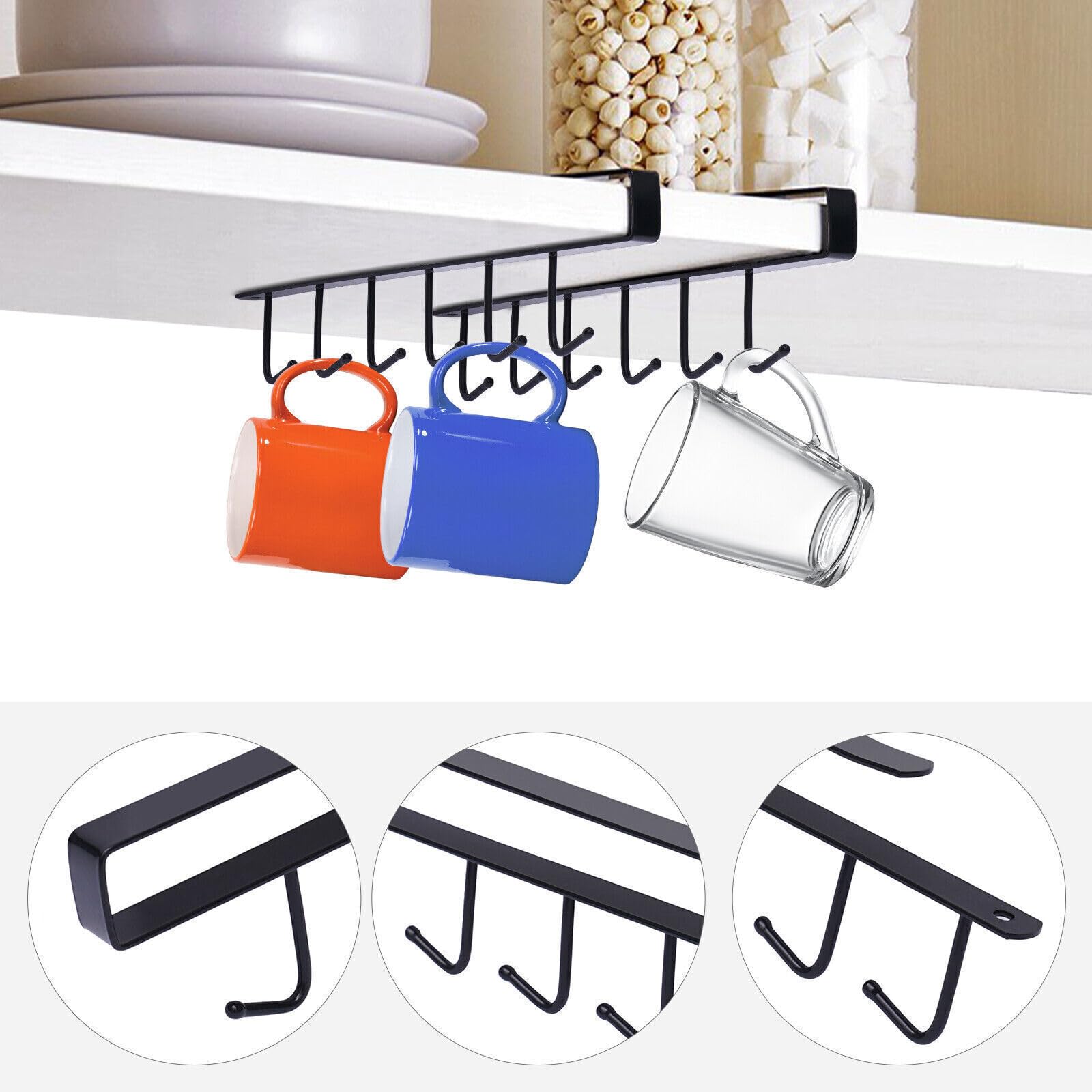 2PCS Kitchen Hook, 6-Hooks Mug Hooks, Mug Holder Rack Under Cabinet, Cups Wine Glasses Storage Hooks, Coffee Cup Mug Holder, Mug Hooks Under Shelf, Racks Under Cabinet, for Flat Buttom Cabinet