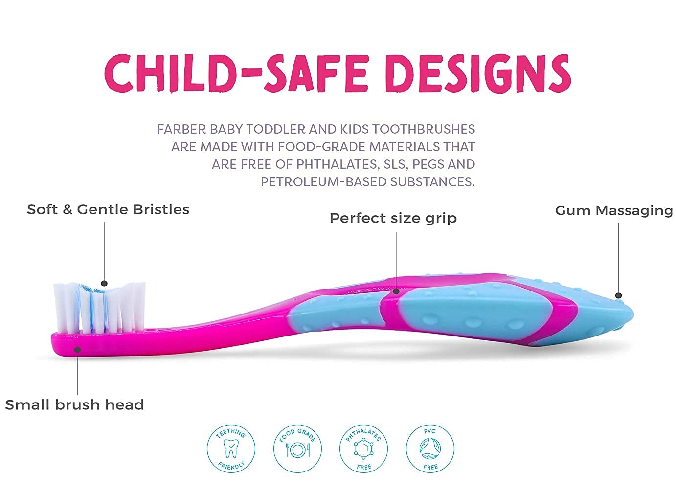 Farber Baby Toddler Toothbrushes Set β Infant Toothbrush 6 Pack with Compact, Soft Bristles and Easy Grip Handle Includes 2 Suction Cup Toothbrush Holders and Toothpaste Squeezer (Pink)