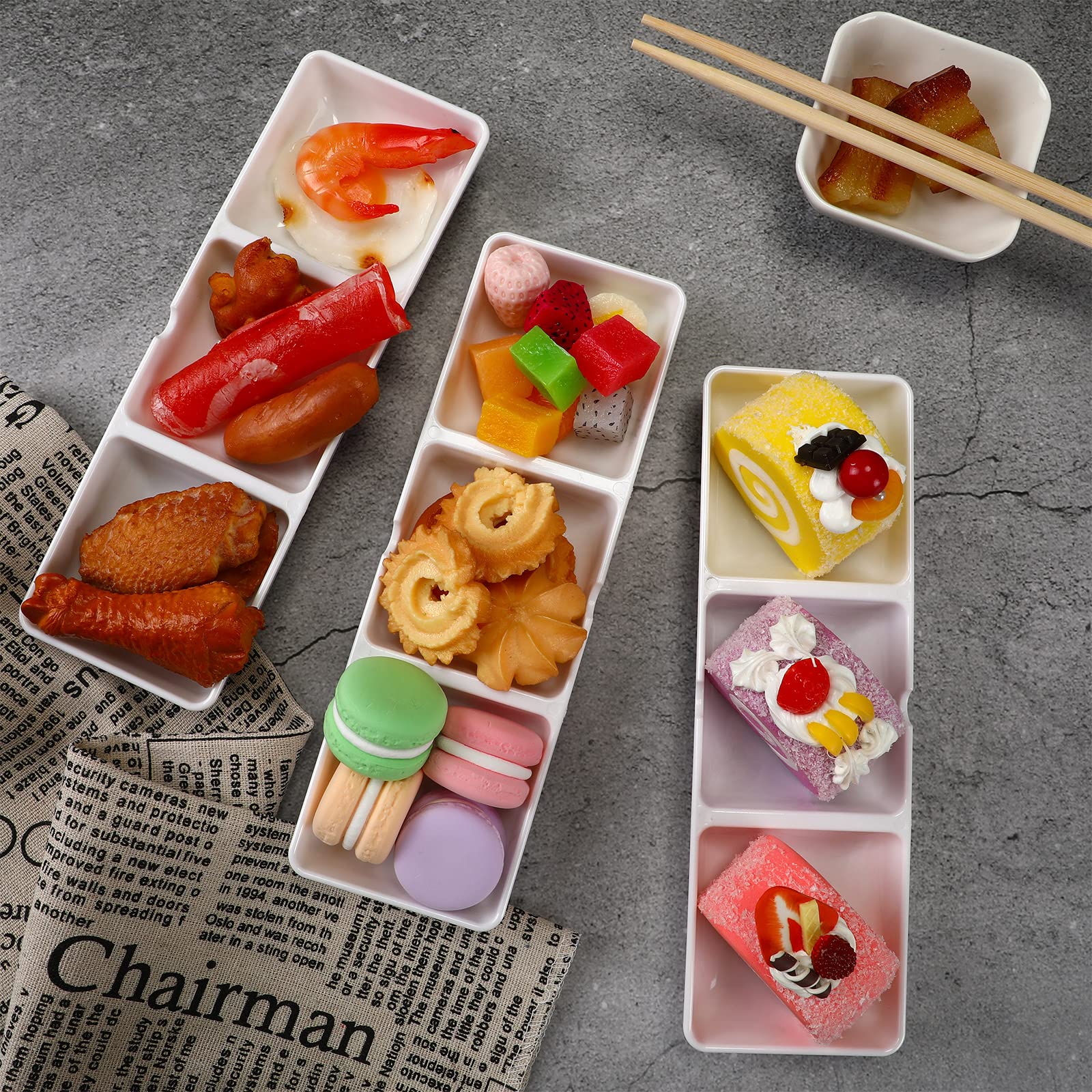 24 Pcs 8.7 x 2.8 Inch 3 Compartment Appetizer Serving Tray Plastic 3 Section Dessert Platters Rectangular Divided Plate White Compartment Serving Dishes Dipping Sauces Dinner Buffet Restaurant Kitchen