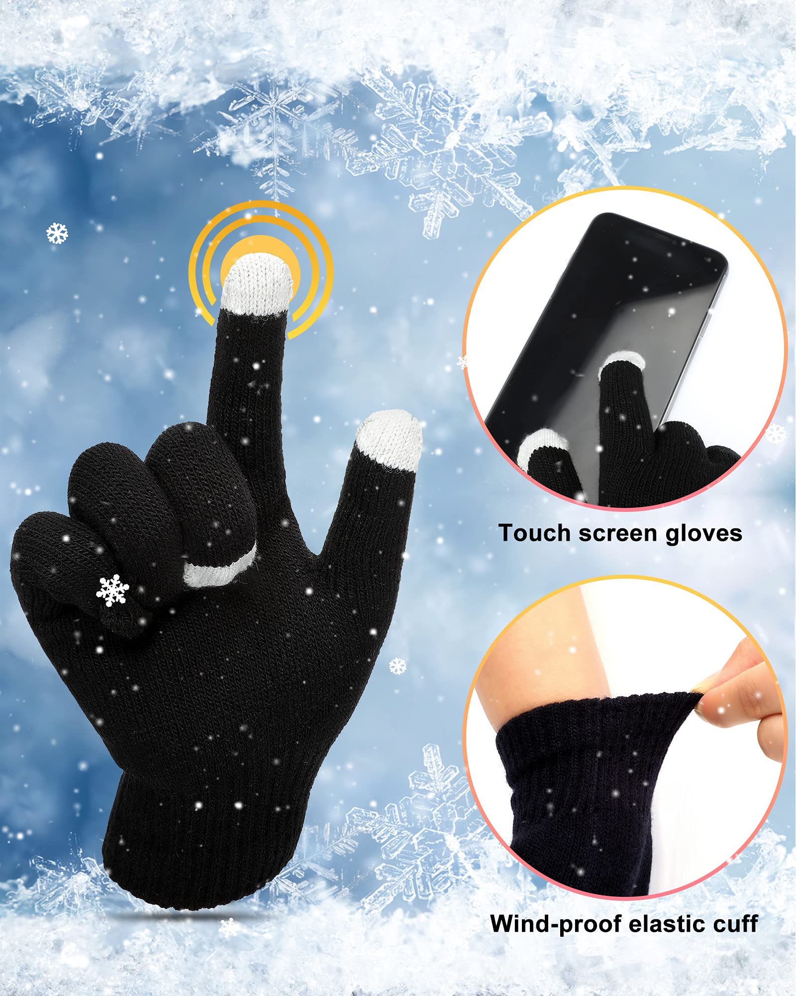 2 Pieces Satin Lined Winter Hats Women Pom Beanies Winter Knitted Pom Hat Touchscreen Gloves Set for Women Girls