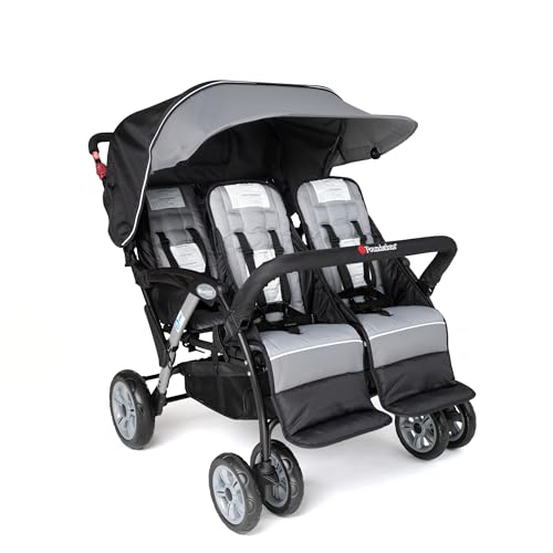 Foundations Sport Quad 4 Seat Folding Stroller with Oversized UV Blocking Canopy, 5-Point Harness for Added Safety, Easy Loading, Storage Bucket (Gray)