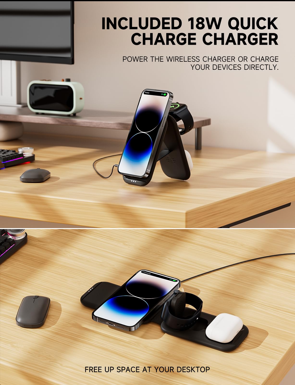 3 in 1 Wireless Charging Station for Apple, VOIDAY Ace Foldable Mag-safe Charger, Magnetic Travel Pad for iPhone 14/13/12 Series,iWatch Series, AirPods Series (Adapter Included)