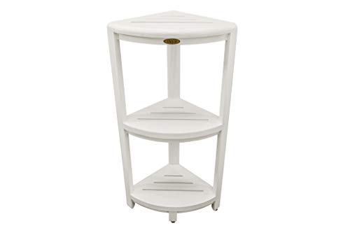 CoastalVogue SnazzyCorner Teak Corner Shower Shelf Wood Corner Shelf 3-Tier Corner Shower Shelf in Antique White Finish β 33 inches Tall