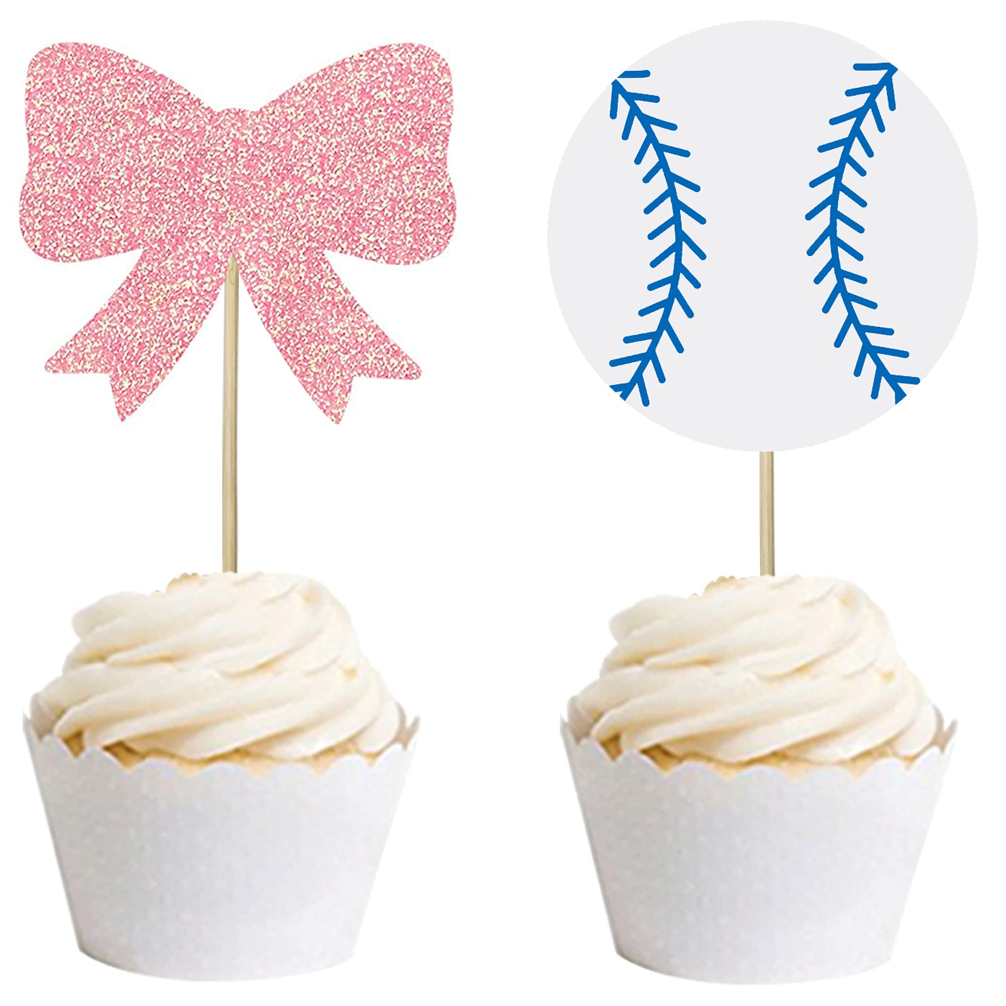 24 PCS Baseballs or Bows Cupcake Toppers Gender Reveal Party Decorations for Picks Baby Shower Birthday Party Cake Decoration Supplies