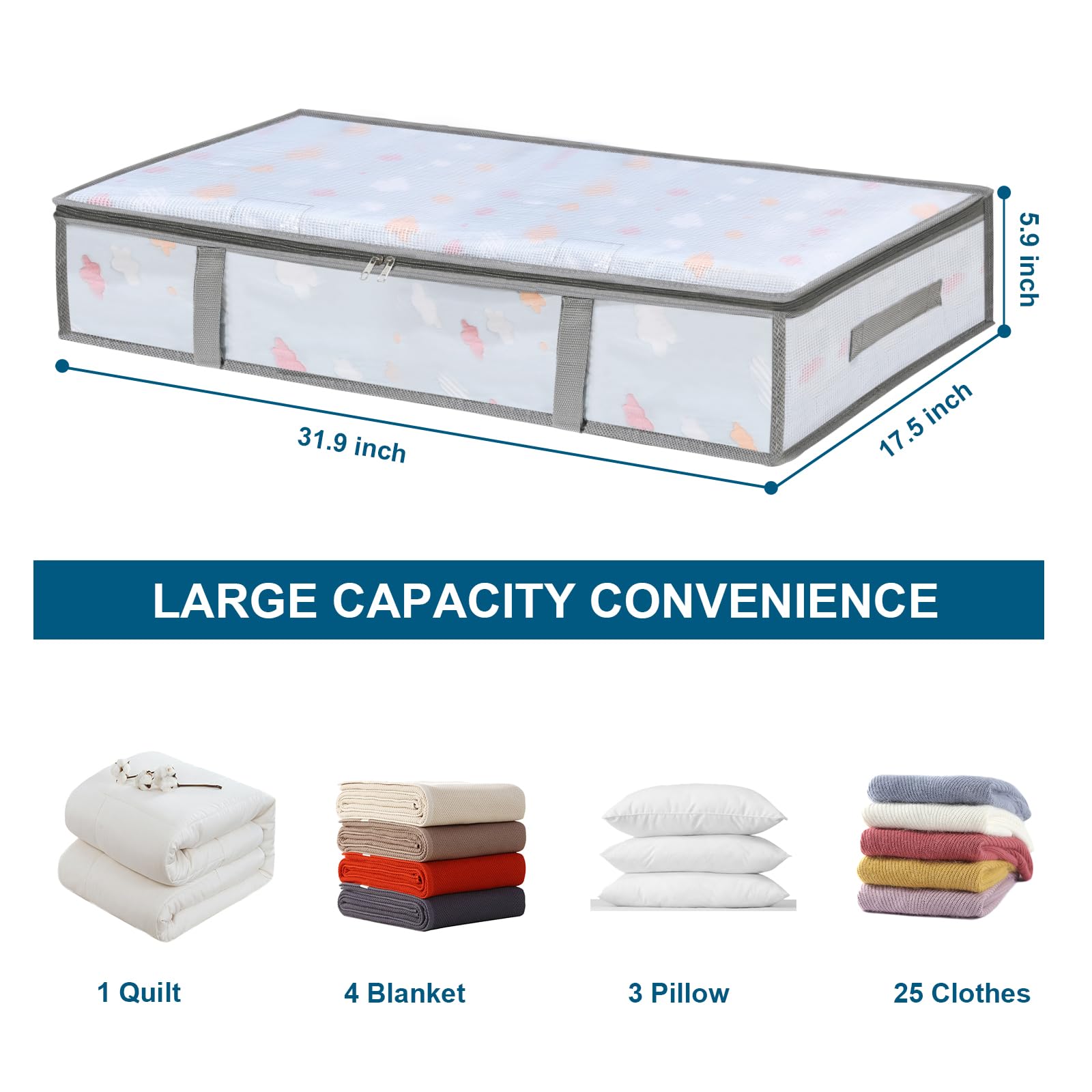 4 Packs Under Bed Storage Containers Bins, Humid-Proof Plastic Underbed Storage Bins, Closet Organizers and Clothes Storage Bags, Under the Bed Blanket Storage with Handles for Clothes,Bedroom