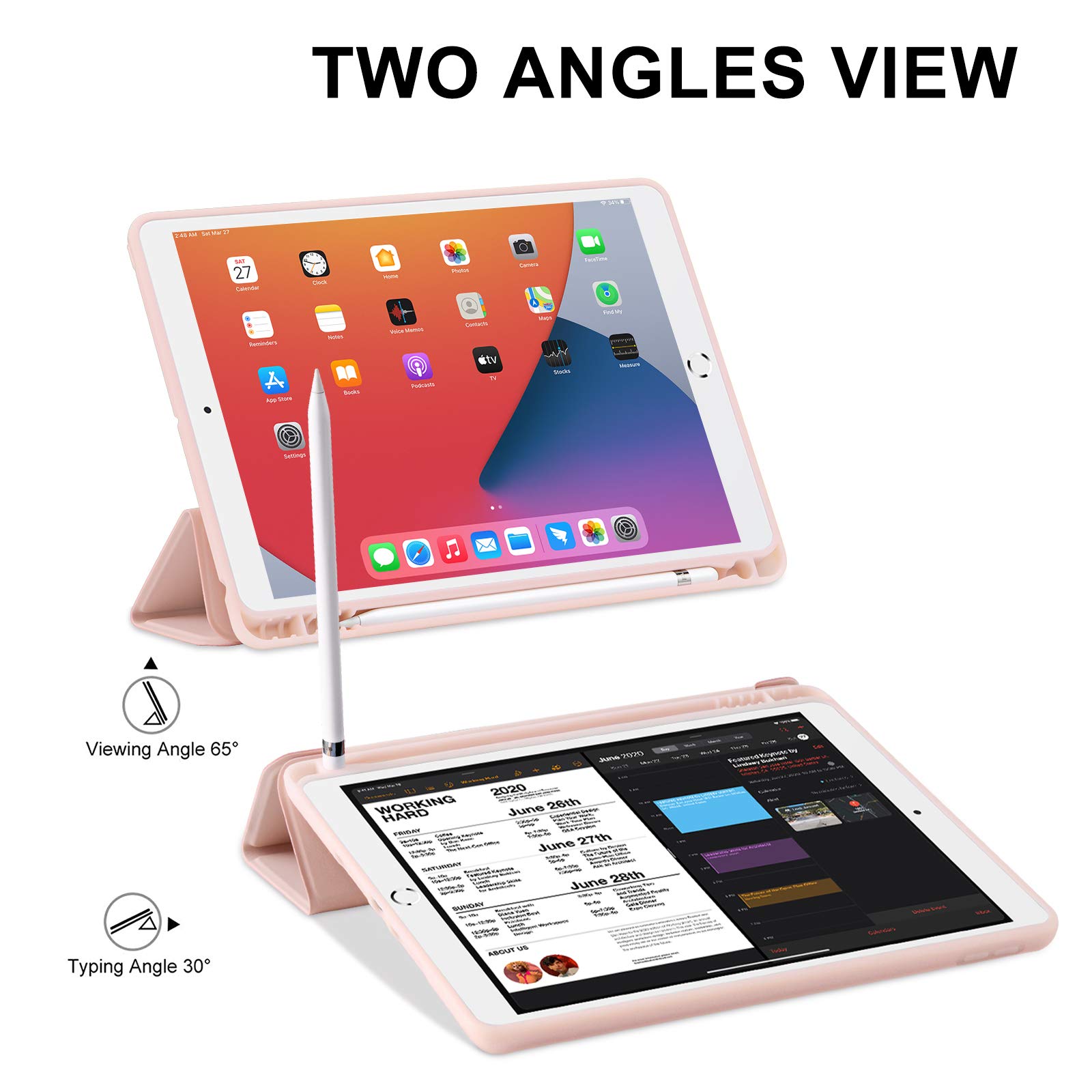 GHINL for iPad 9th/8th/7th Generation Case (2021/2020/2019) iPad 10.2-Inch Case with Pencil Holder [Sleep/Wake] Slim Soft TPU Back Smart Magnetic Stand Protective Cover Cases(Light Pink)