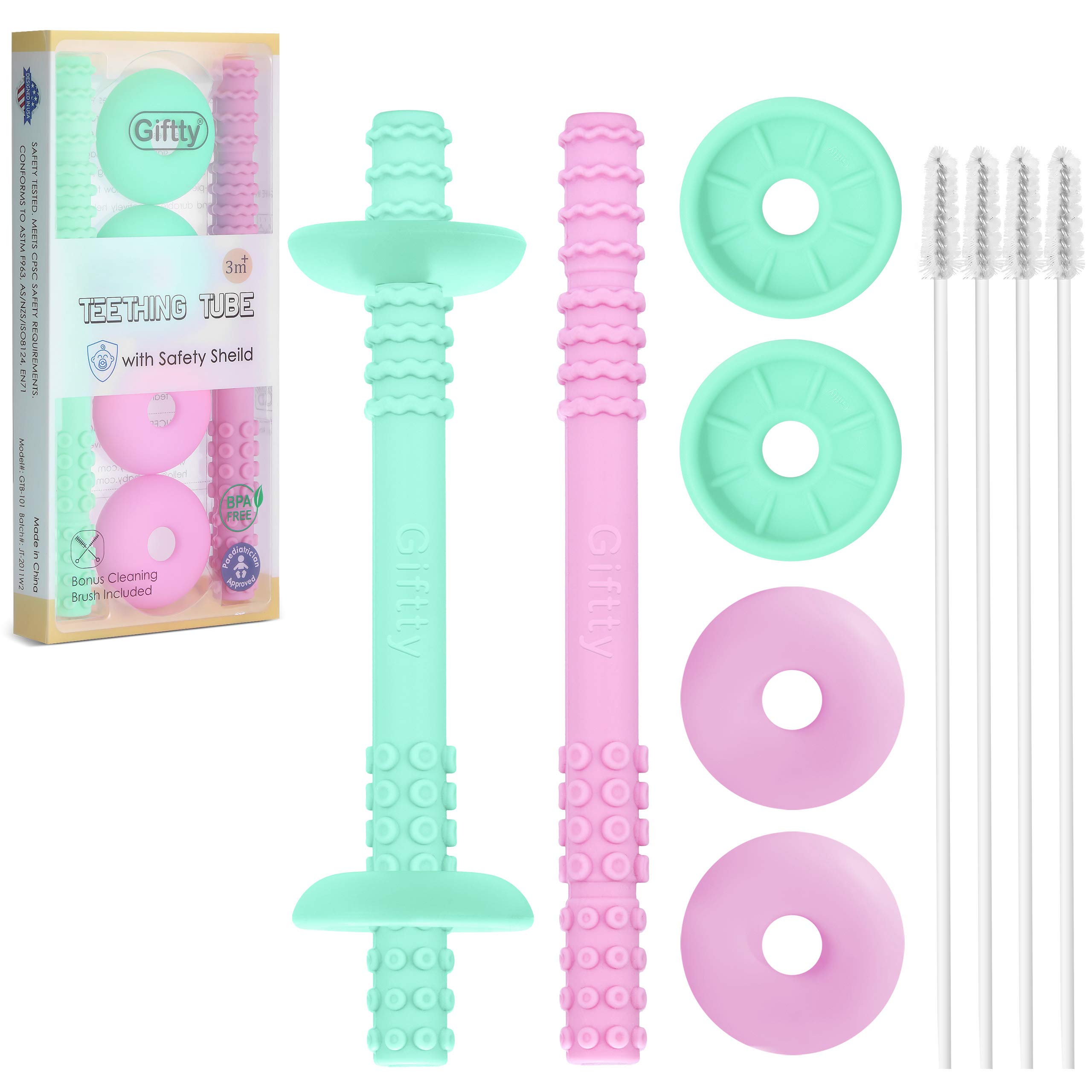 Giftty Teething Tube with Safety Shield Baby Hollow Teether Sensory Toys Gum Massager, Food-Grade Silicone for Infant 3-12 Months Boys Girls, 1 Pair with 4 Cleaning Brush Included (Cyan+Orchid)