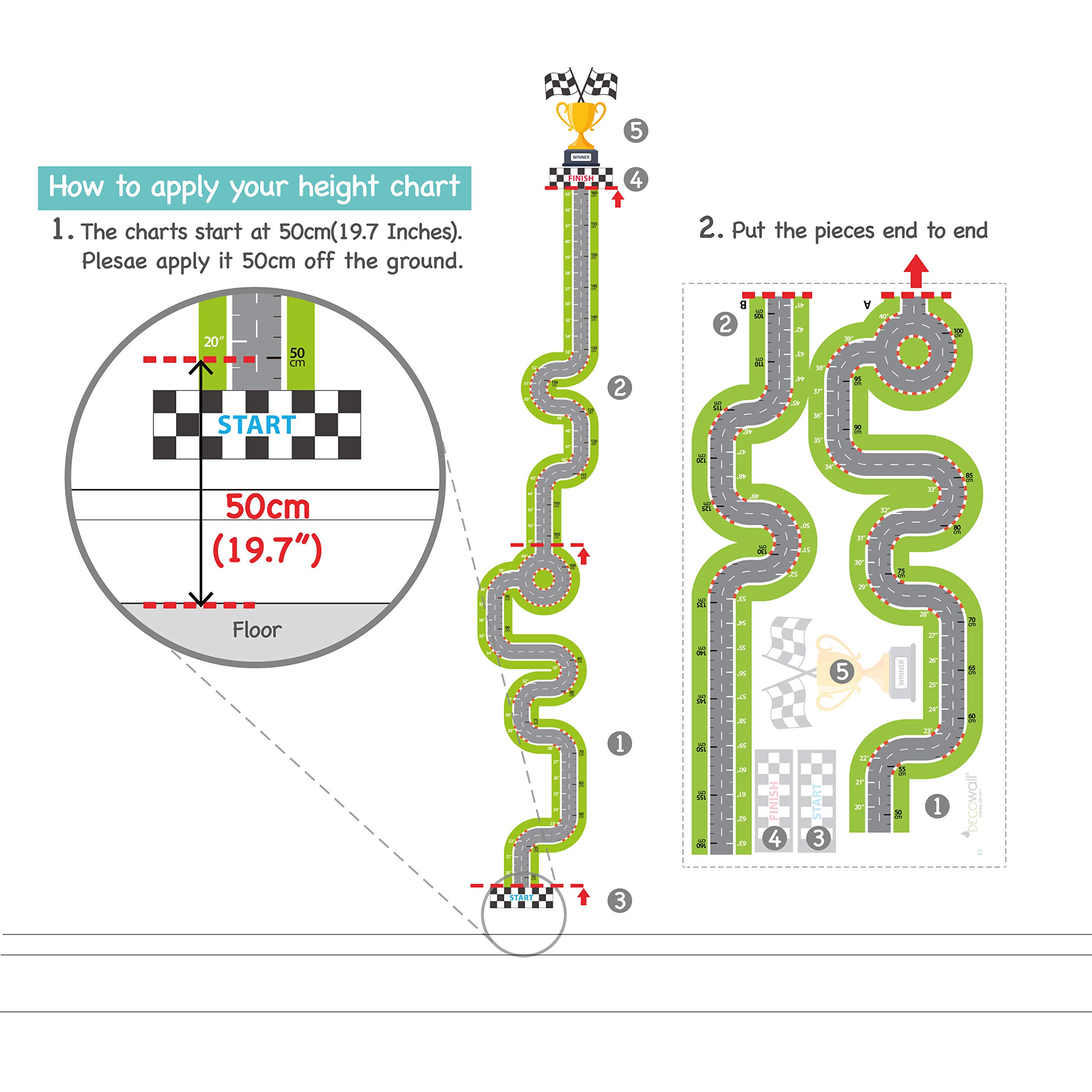 DECOWALL DA-1911 Racing Track Height Growth Chart Kids Wall Stickers Wall Decals Peel and Stick Removable Wall Stickers for Kids Nursery Bedroom Living Room d?cor