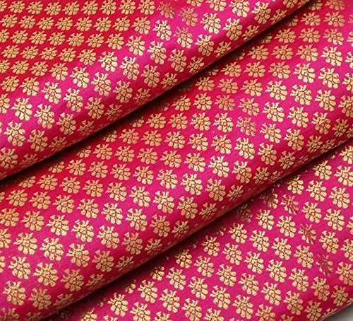 Banarasi Brocade Poly Silk Unstitched Running Fabric/Cloth/Dress Material with Golden Jacquard Work by The Yards (Pink Gold, 6 Yard)