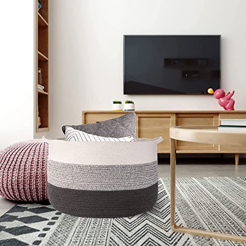 Blanket Basket for Living Room Large Cotton Rope Basket 21.7" x 21.7" x 13.8" Woven Laundry Basket Toy Storage Bins White Grey Black
