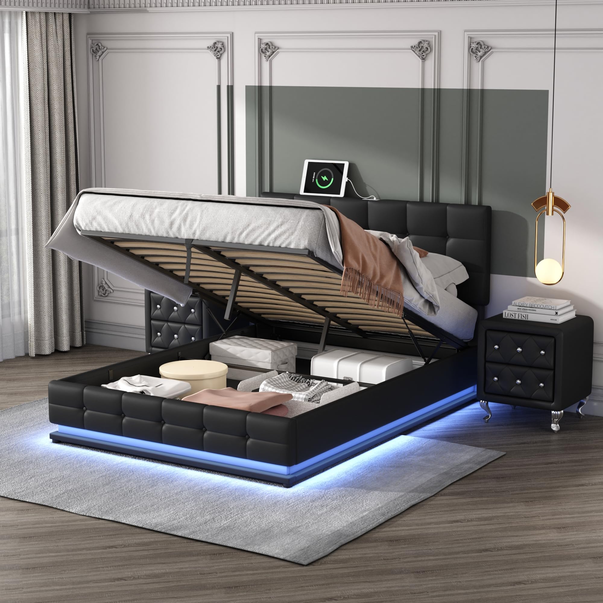 3-Pieces Queen Size Bedroom Sets,PU Upholstered Queen Platform Bed Frame with 2 Nightstands and USB Charging Station,Lift Up Storage Bed Queen,Bedroom Furniture Sets, Easy Assemble,Black