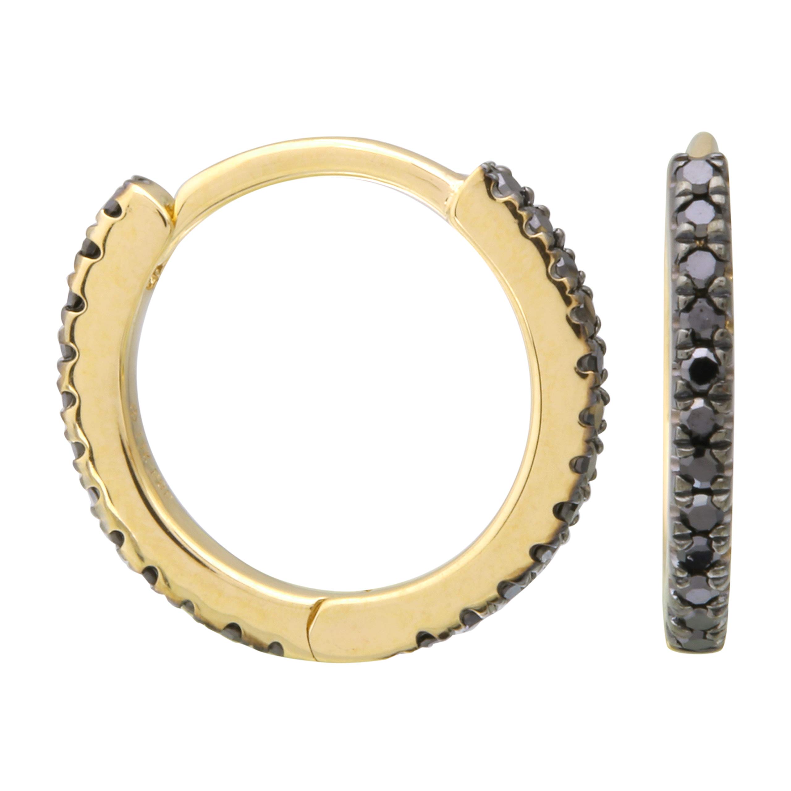 14k Yellow Gold Black Diamond Rhodium Mini Huggie Hoop Earrings (1/10 cttw), 8mm Diameter