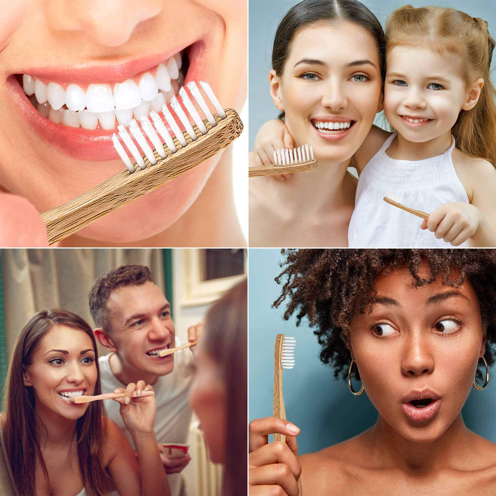 Bamboo Toothbrushes Medium Bristles 5-Pack – 4 White Wooden Toothbrushes, 1 Black Charcoal Toothbrush – Biodegradable Natural Eco Friendly