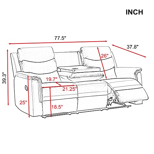 3 Seaters Manual Wall Hugger Chair RV Sofa, Faxu Leather Double Reclining Sectional Loveseat Couch with Fold-Down Table 2 Cup Holders & Pillow Top Armrest for Living Room/Apartment/Office/Theater