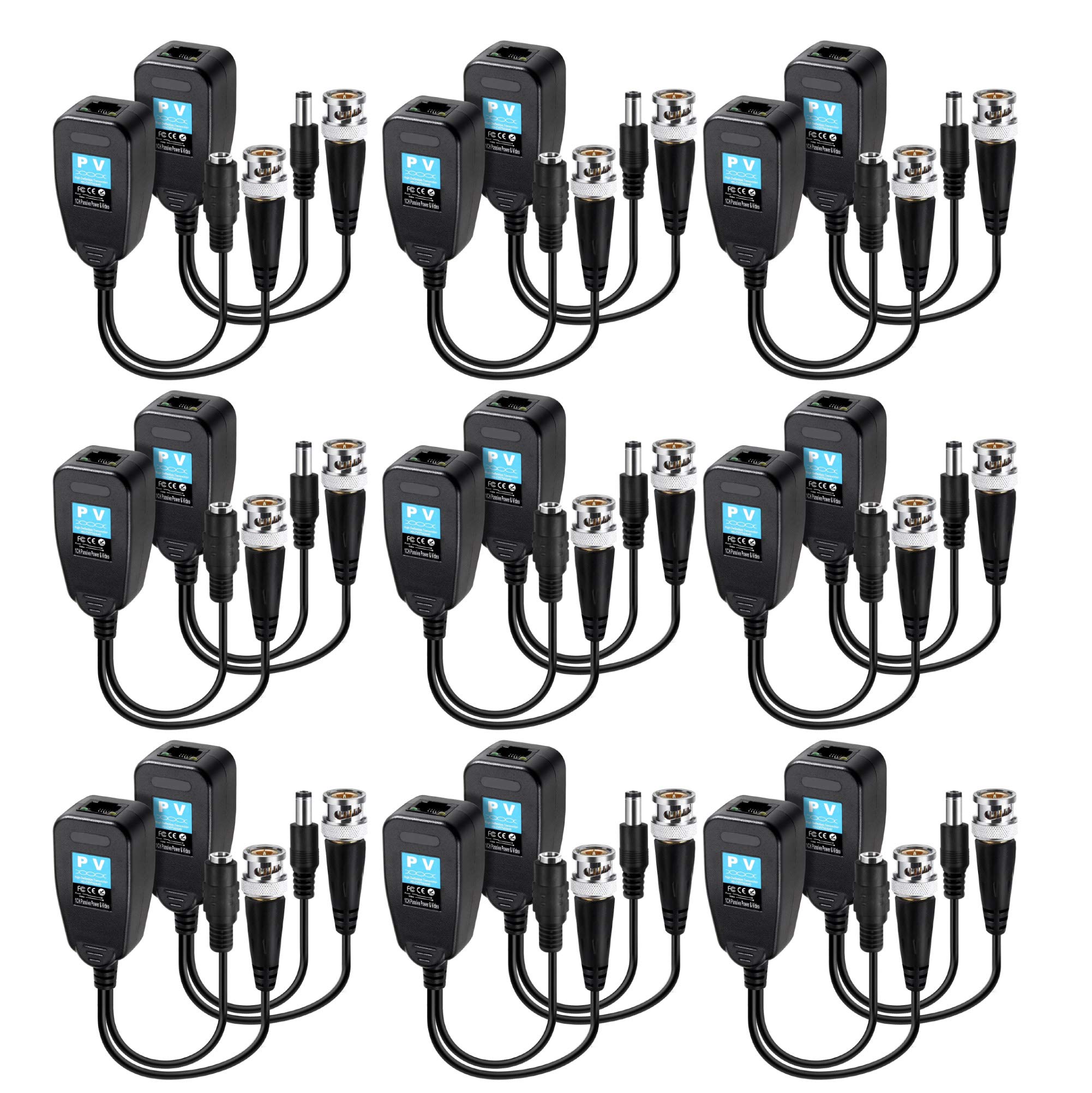 DeguangXin Passive Video Balun 12 Pairs HD-CVI/TVI/AHD Passive Video Balun with Power Connector and RJ45 CAT5 Data Transmitter BNC Twisted Pair