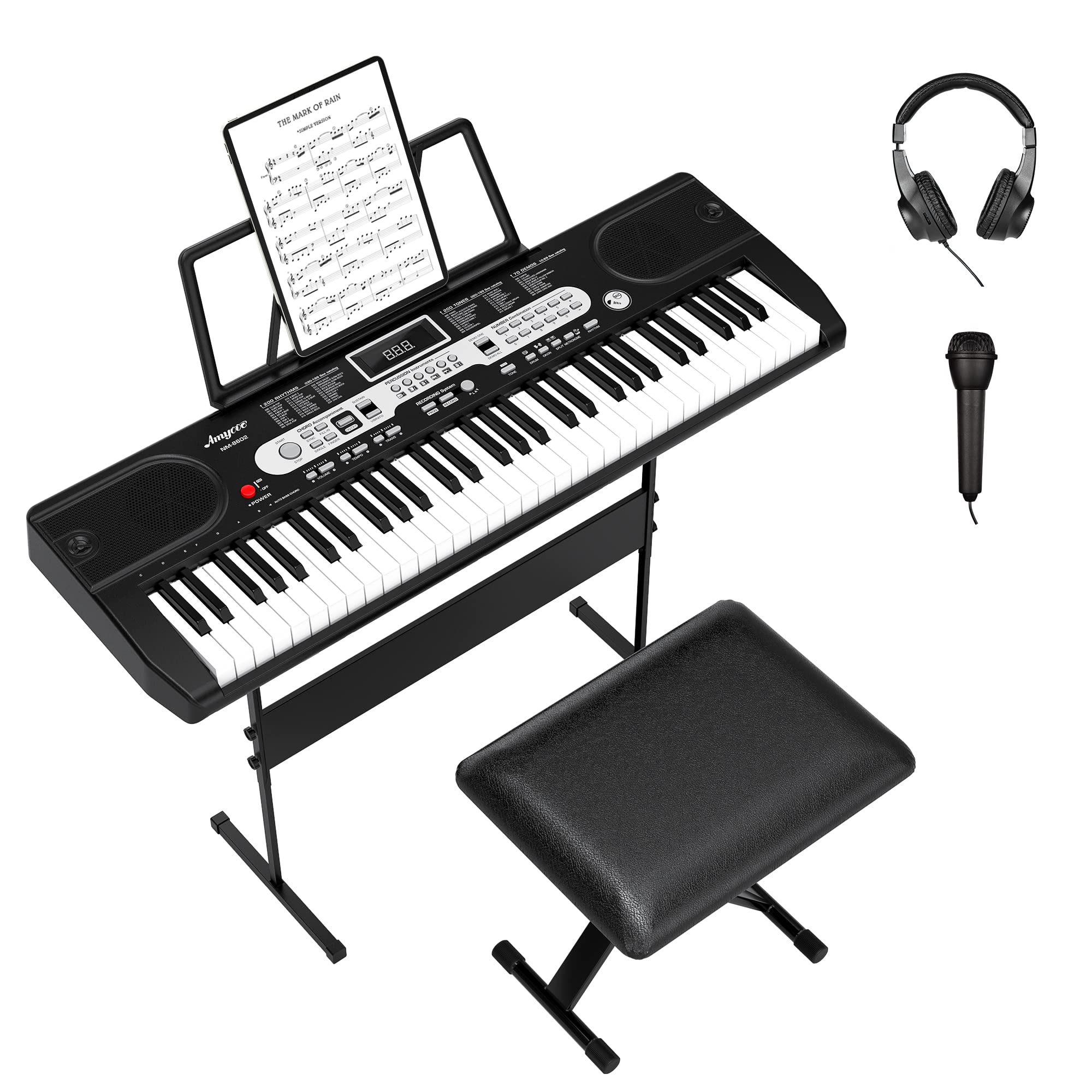Amyove Keyboard Piano for Beginners, 61 Key Piano Keyboard with Built-In Speaker Microphone, Sheet Stand and Power Supply, Portable Keyboard Teaching for Best Birthday or Christmas Gift