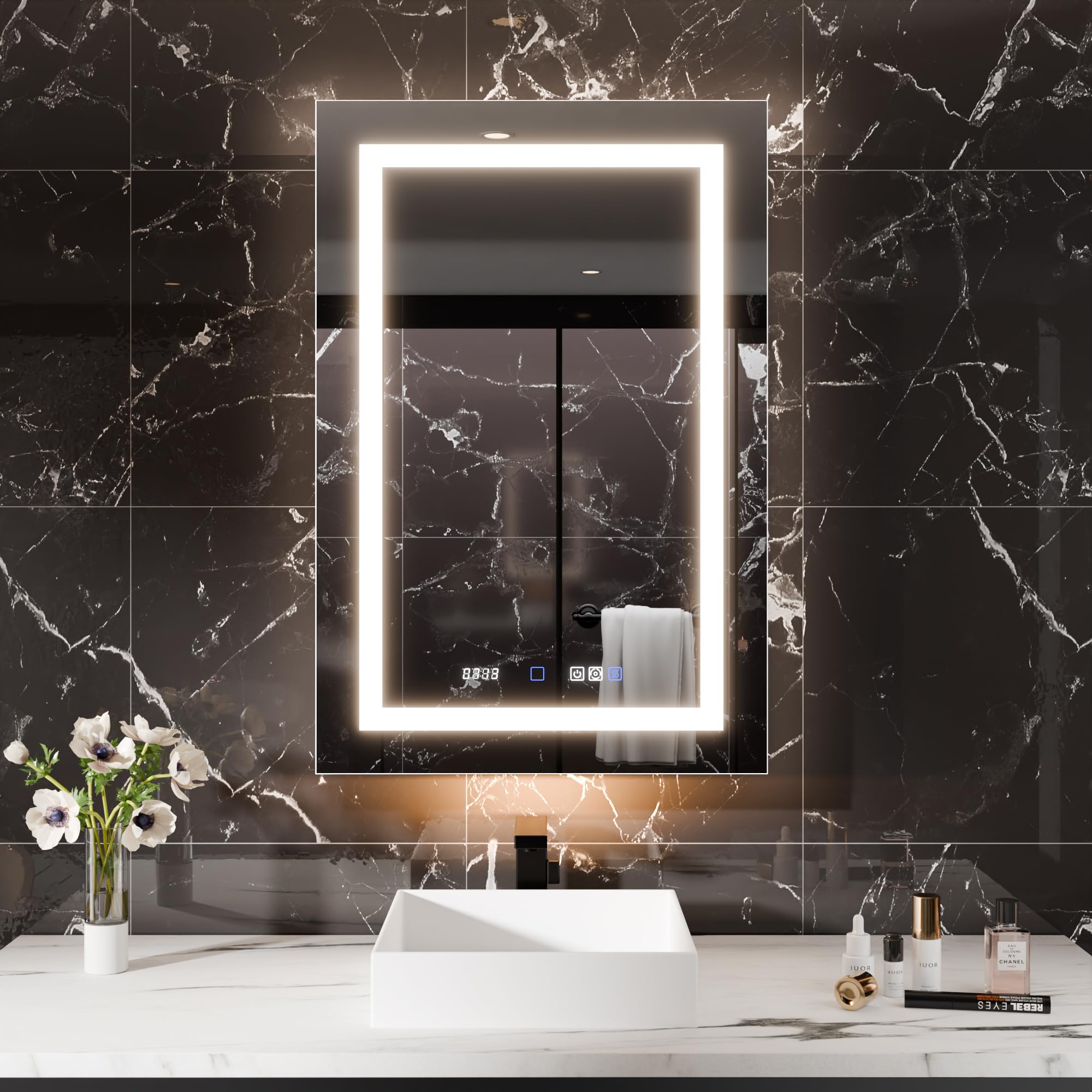 24 x 36 Lighted Medicine Cabinet with Mirror, Front & Backlit led Medicine Cabinet, Clock Temp Display, Defog,10x Magnifier, 3 Colors Temper Dimmable, Surface or Recessed Mount, Hinge on The Right