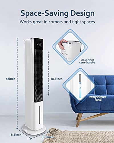 Evaporative Air Cooler, 41” Portable Air Cooling Fan with Top & Bottom Water Refilling, 3 Speeds 3 Modes, 4 Ice Packs, 12H Timer, 1.3 Gal Water Tank, 50° Oscillation for Room Indoor, Remote Control