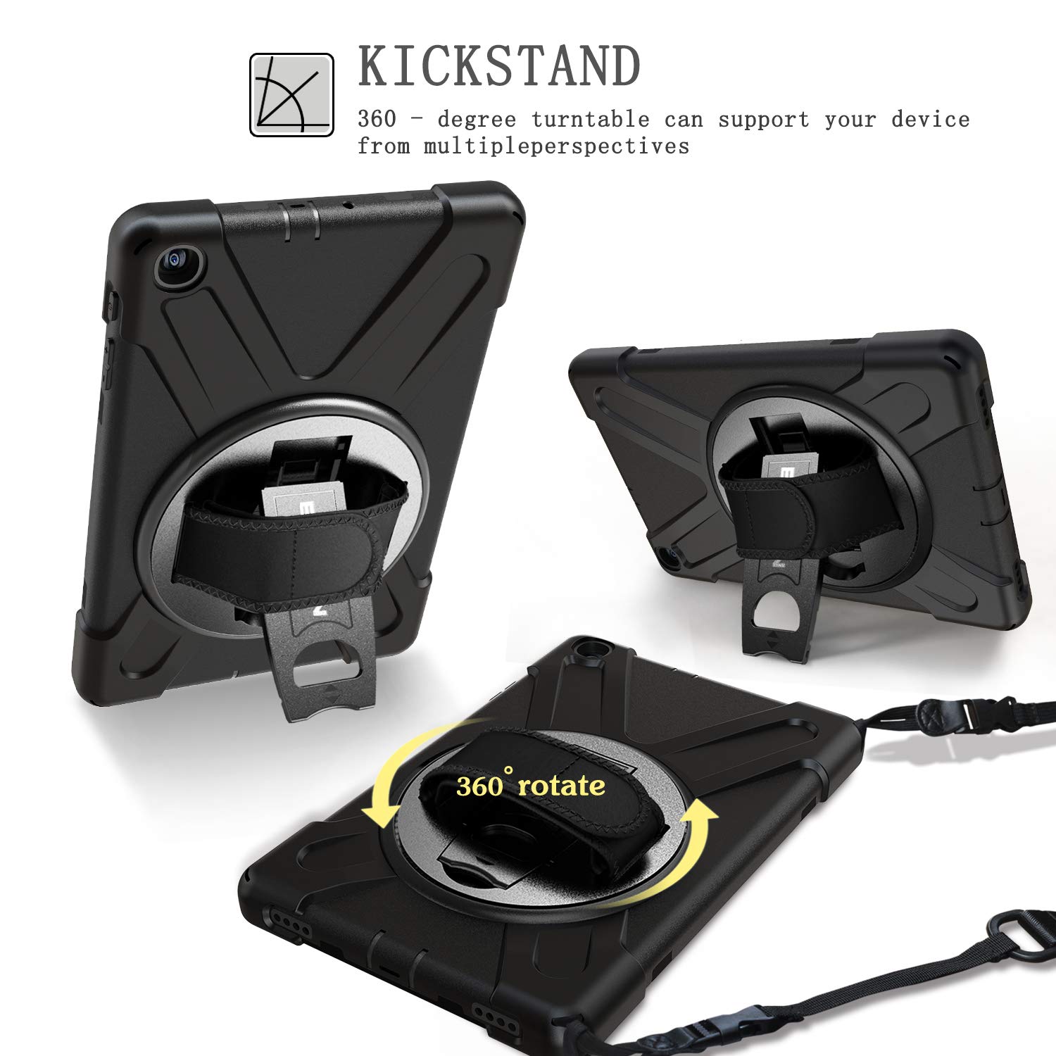 BRAECN for Galaxy Tab A 10.1 2019 Case, Heavy Duty Shockproof Rugged Case with 360 Degree Rotating Hand Strap/Stand and Shoulder Strap for Samsung Tab A 10.1 SM-T510/T515 2019 (Black)
