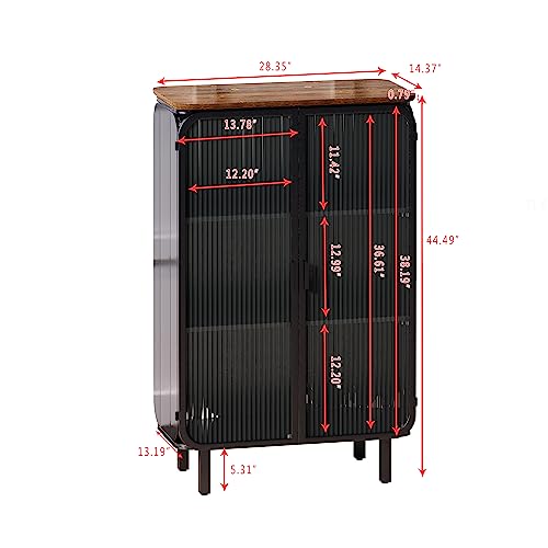 Aisurun 28.35" Modern Storage Cabinet Sideboard with 2 Glass Doors, Fir Top & 3 Storage Shelves for Entryway Living Room Home Office Dining Room, Black+Brown