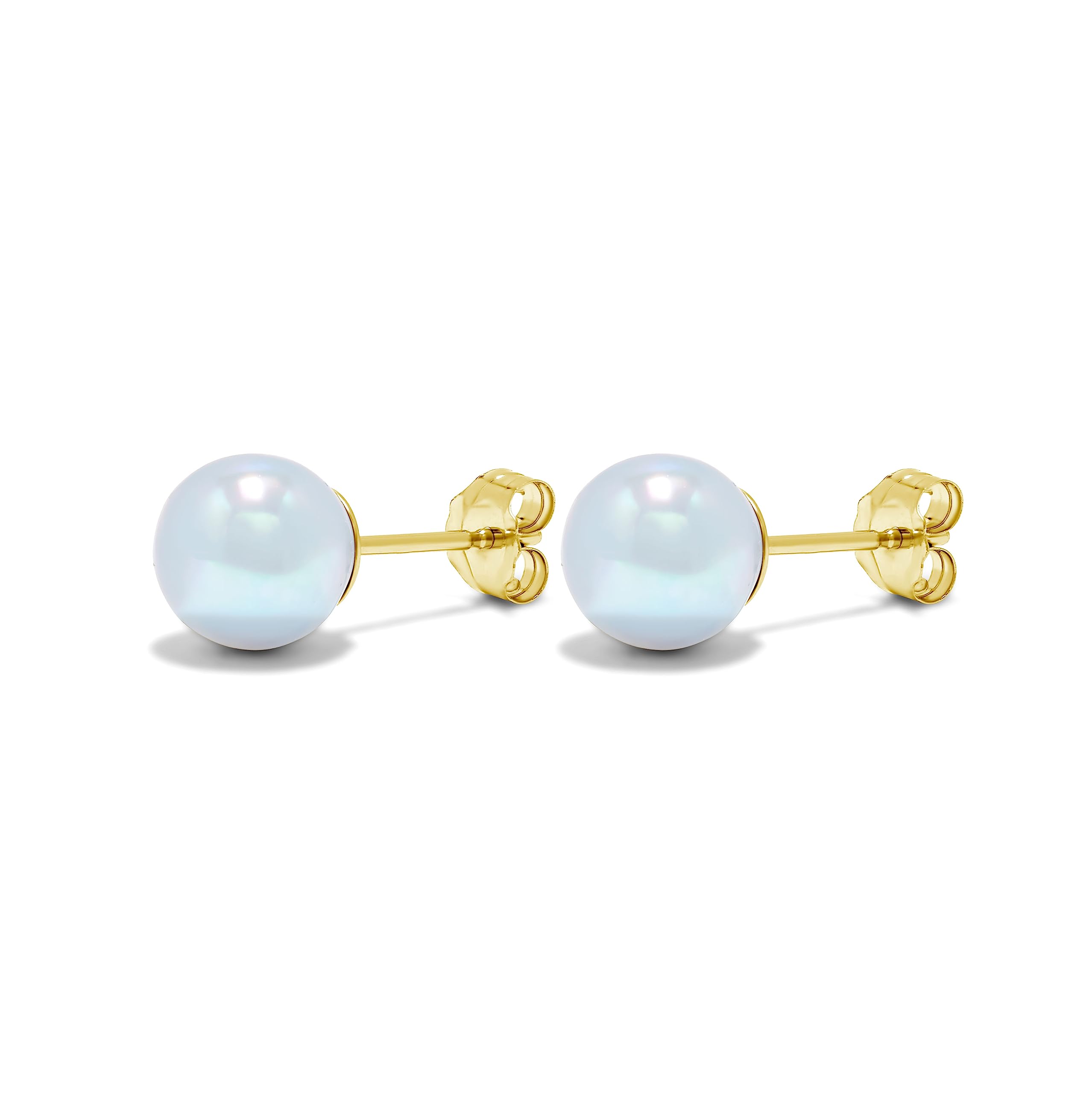 14K Yellow Gold AAAA 7-8mm Natural Blue Round Japanese Akoya Cultured Pearl Solitaire Pushback Stud Earrings Natural Blue Color
