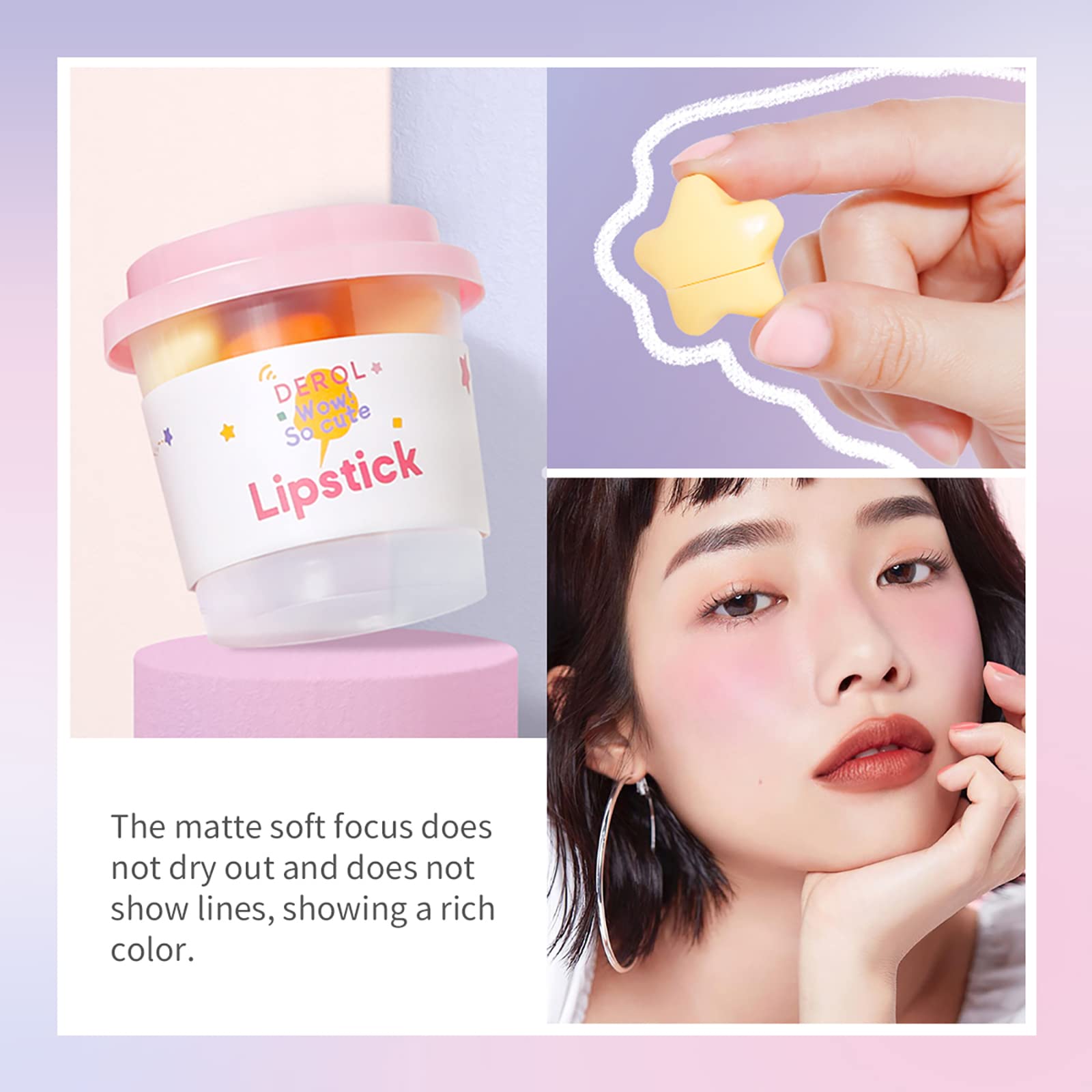 AKARY 6 Colors Mini Lipstick Set, High Pigment Stars Candy Matte Multicolor Red Lips Velvety Soft Lip Stick Waterproof Long Lasting Cute Capsule Lip Gloss, Non-Stick Cup Lip Makeup Gift Set for Women Girls
