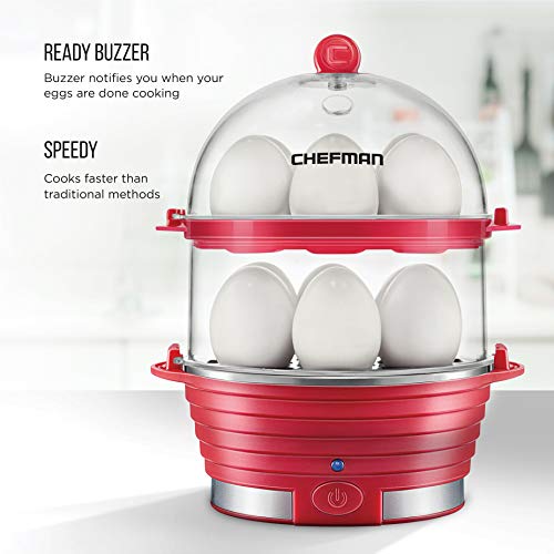 Chefman Electric Egg Cooker Boiler, Rapid Poacher, Food & Vegetable Steamer, Quickly Makes Up To 12, Hard or Soft Boiled, Poaching and Omelet Trays Included, Ready Signal, BPA-Free, Red