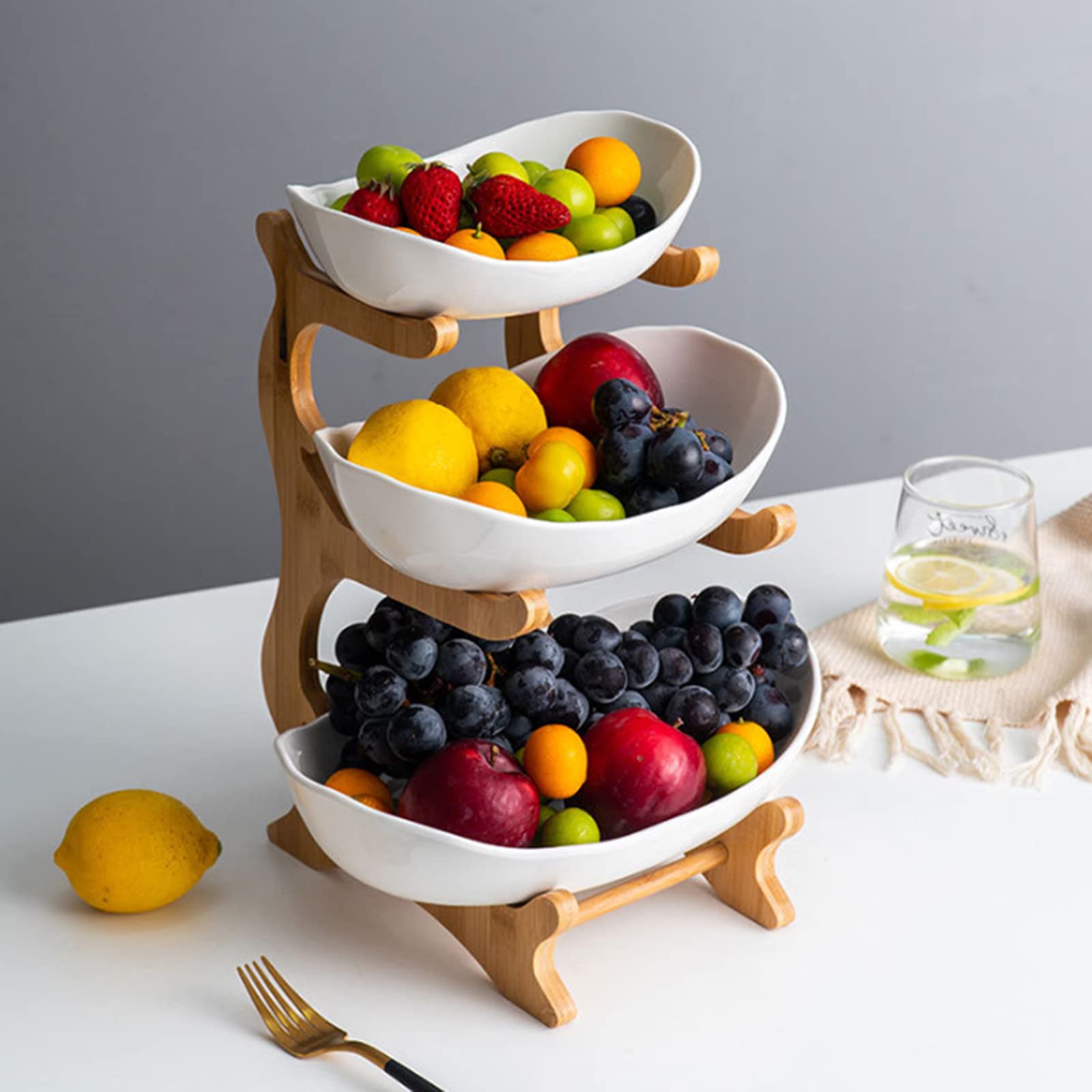 3 Layer Ceramic Fruit Plate,3 Tier Serving Platter Tray Kitchen,Porcelain Tiered Vegetable Serving Tray Dessert Appetizer Cake Dish with Wood Stand for Kitchen and Home,for Wedding Banquet