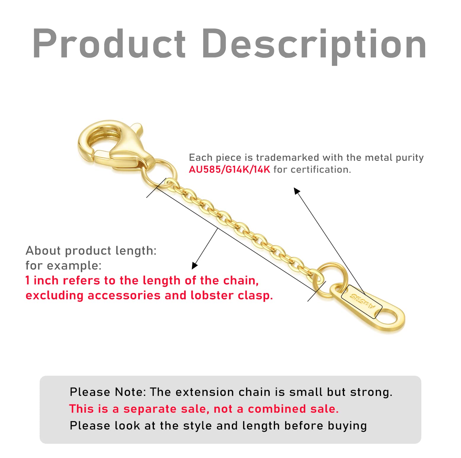 14K Yellow Gold 1" 2" 3" Necklace Bracelet Extender Chain, Durable Strong Removable Chain Extender, Solid Gold Adjustable Extension Chain for Necklace Bracelet Anklet (Style 3-2inch)