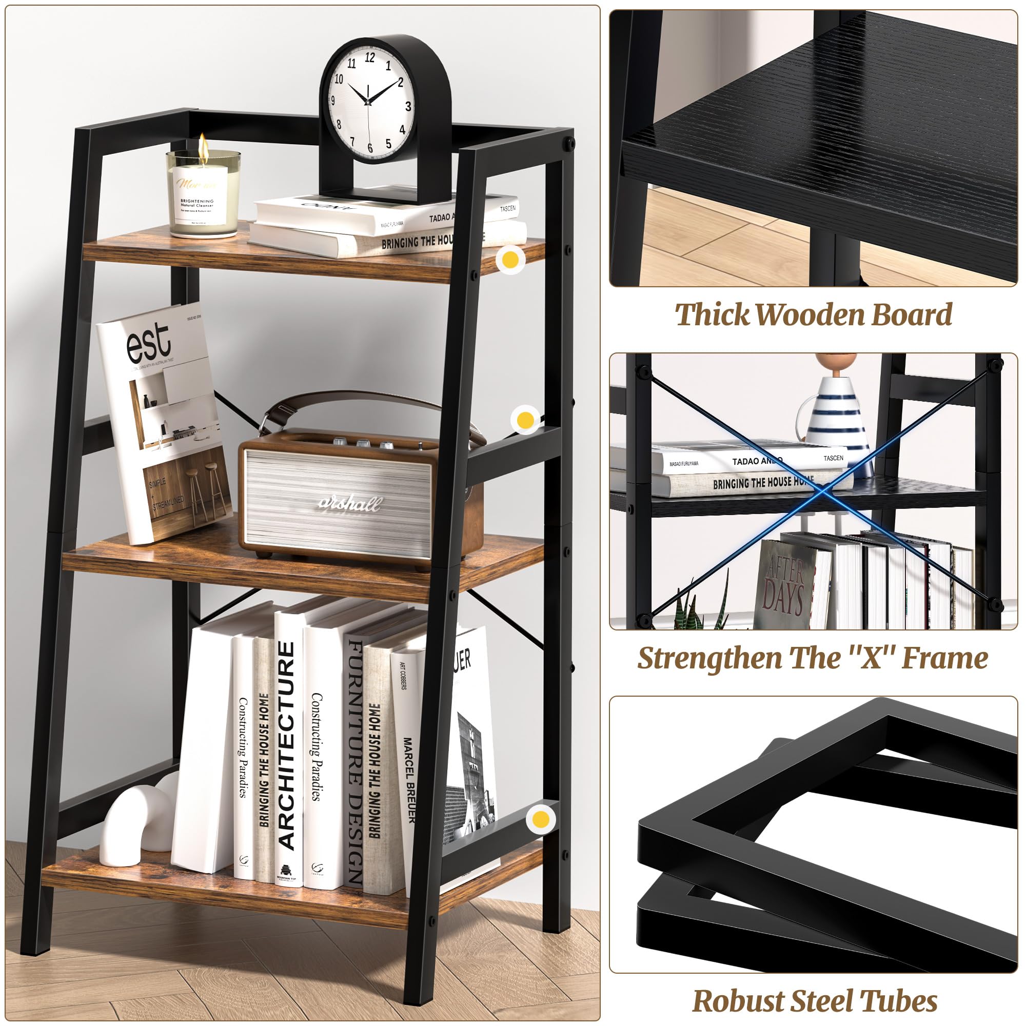 3-Tier Bookshelf, Ladder Shelf, Industrial Bookcase with Steel Frame, Metal Small Bookcase, for Living Room, Home Office, Kitchen, Bedroom, Industrial Style(Rustic Brown & Black)