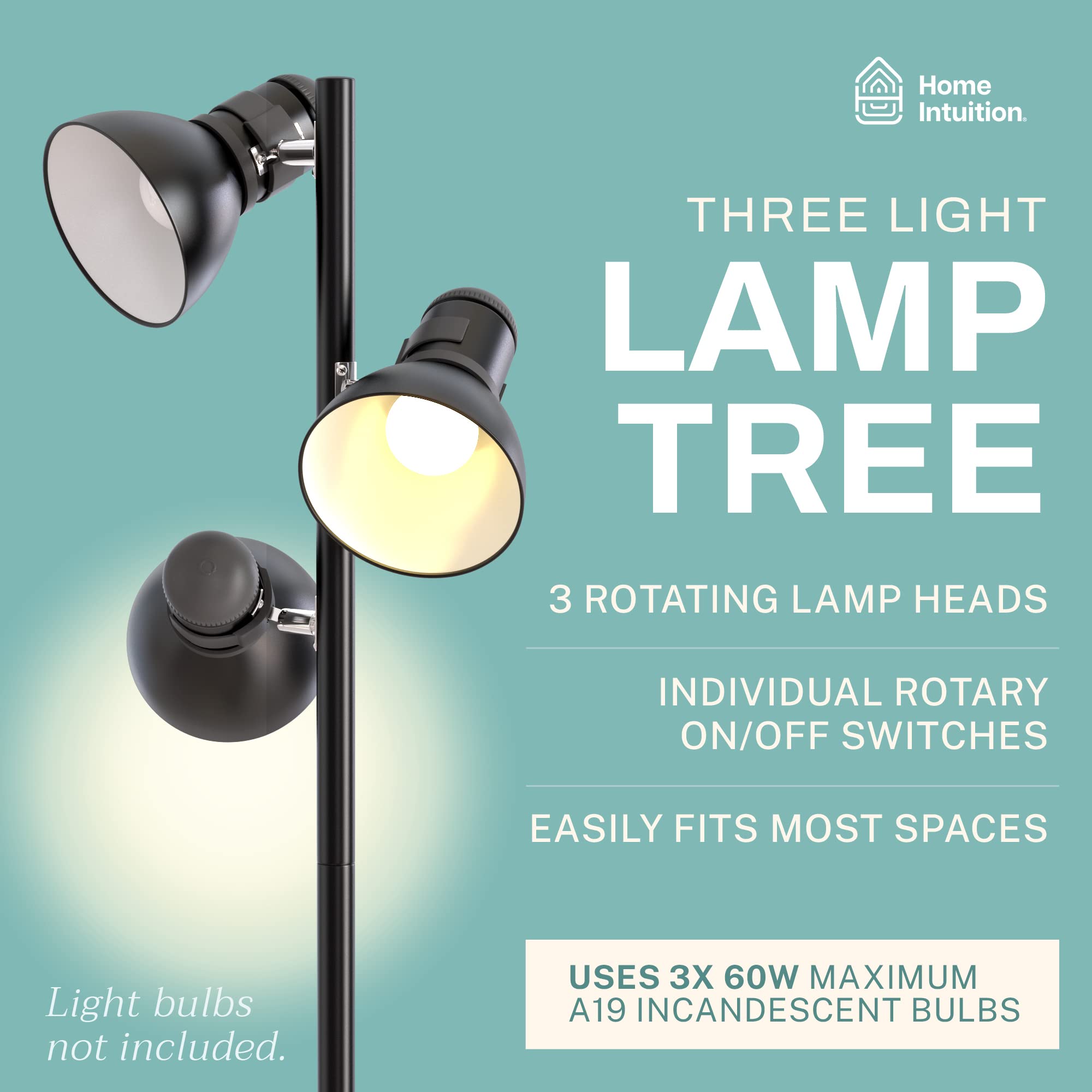 3 Light Floor Lamp Standing Lamp for Living Room, Bedroom, Office - Adjustable Modern Tree Floor Lamps, 60W Bright Spotlight Lighting - Rotating Swivel Corner Light for Reading, Black