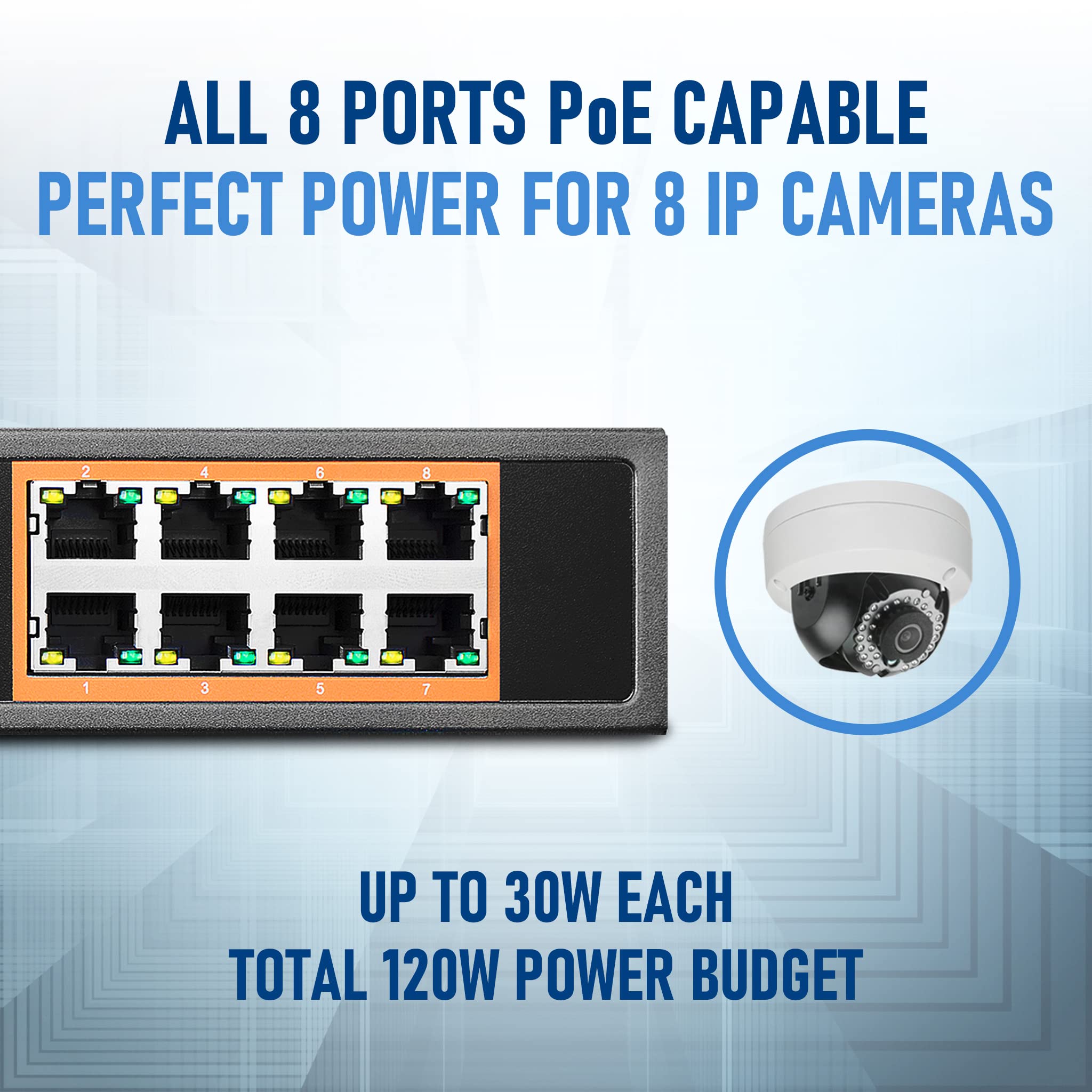 BV-Tech 9 Port PoE+ Switch (8 PoE+ Ports | 1 Uplink Port) – 120W – 802.3af/at