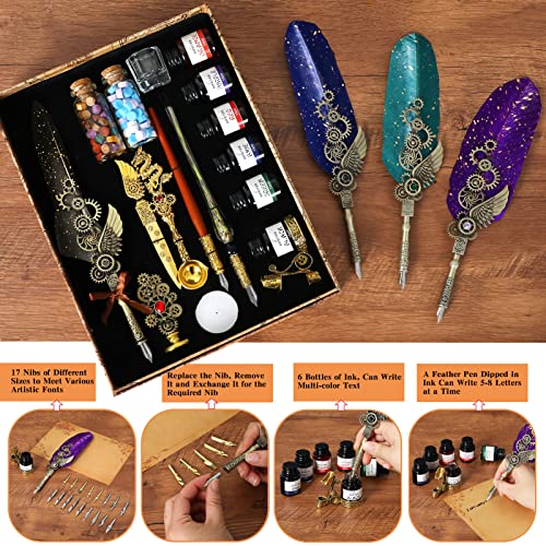 Aifeiter Feather Pen Ink Set,Quill Pen Ink Set,Wax Seal Stamp Set,Feather Calligraphy Pen Set,Birthday Present,Christmas Gifts,Holiday Ideal Gift(purple)