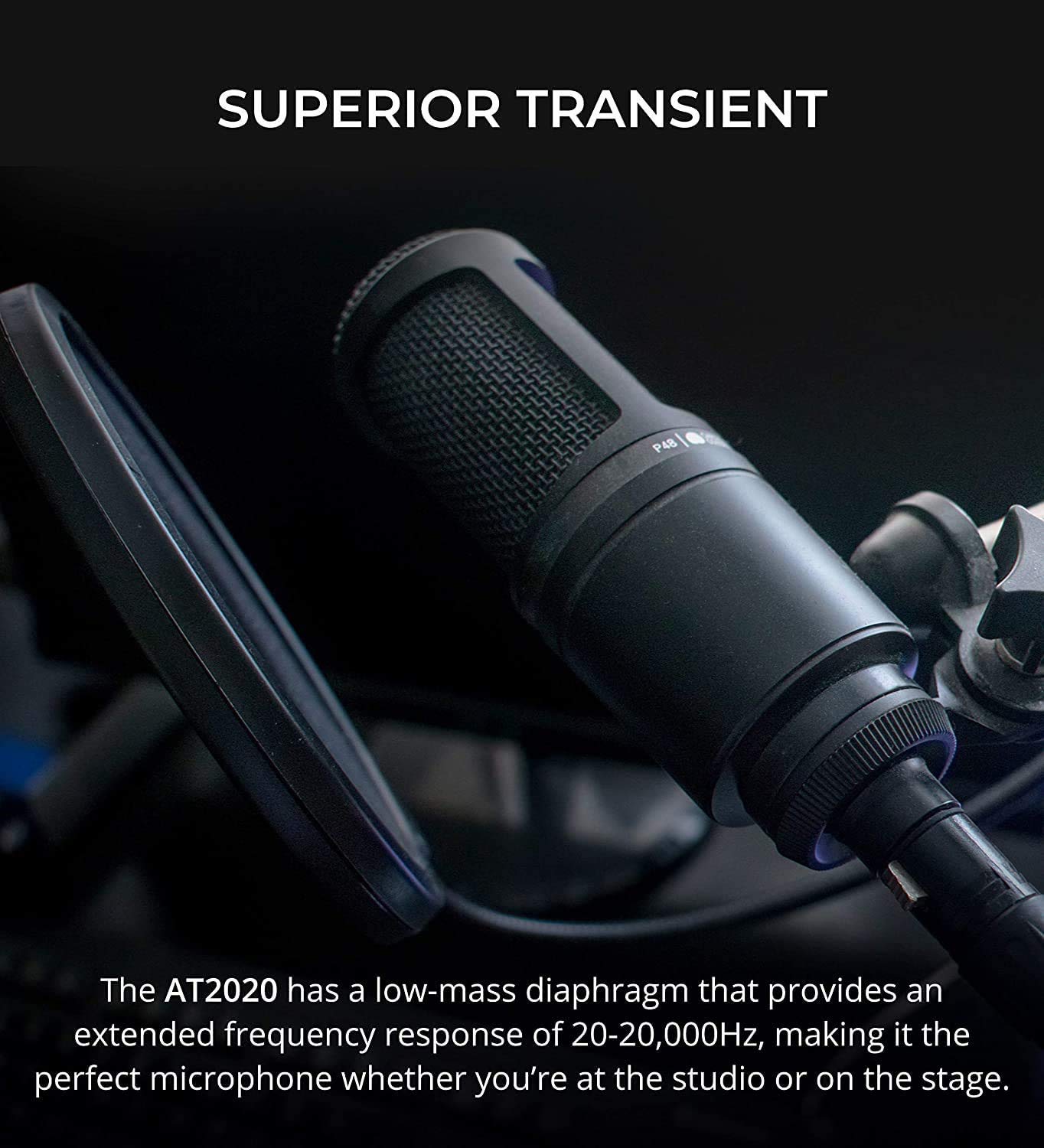 Audio-Technica AT2020 Cardioid Condenser Microphone Bundle with Blucoil 4-Pack of 12 Acoustic Foam Isolation Panel Wedges, 10' XLR Cable, Boom Arm Plus Pop Filter, and Samson SR350 Headphones