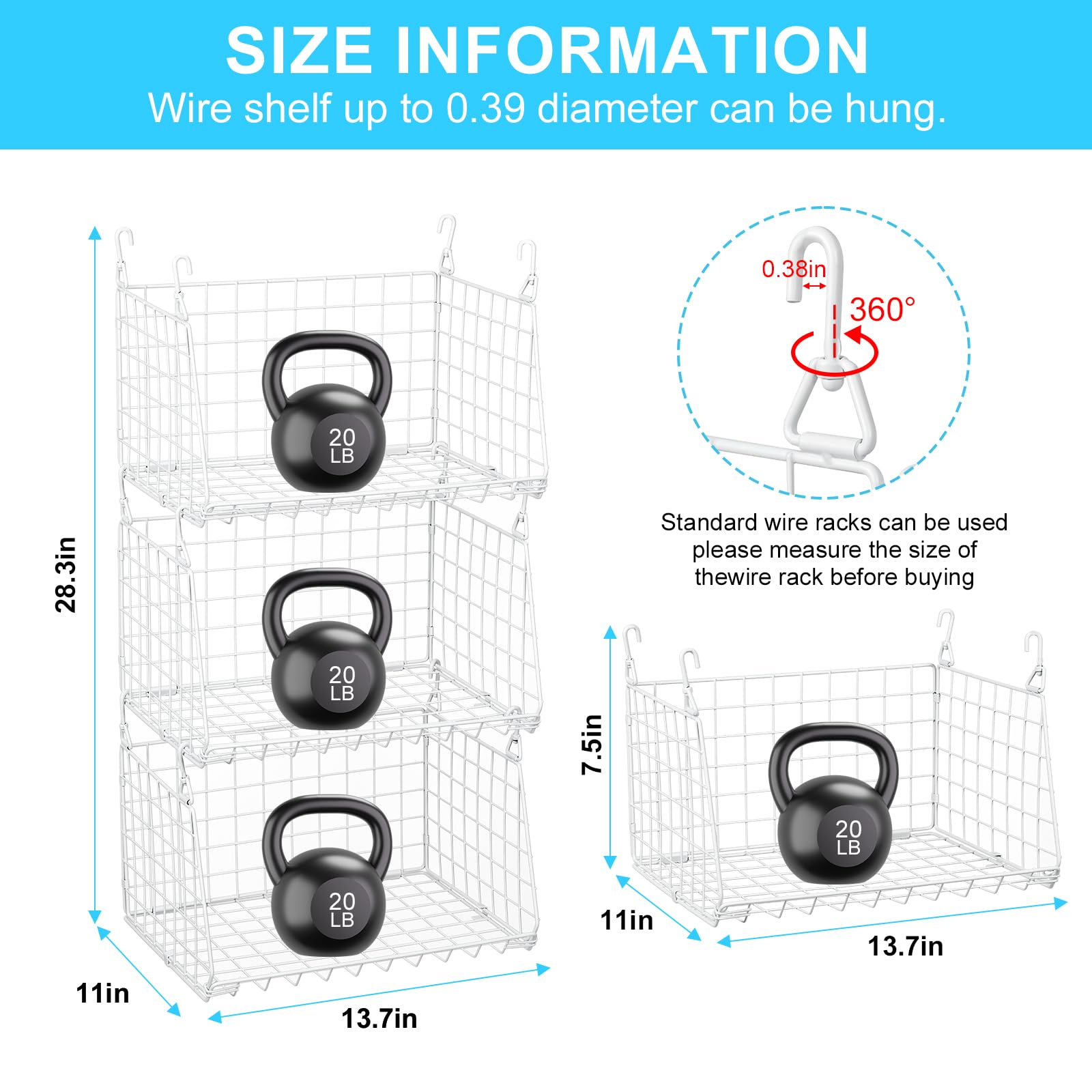 3-Tier Hanging Laundry Basket Organizer:Foldable Wire Shelf Laundry Room Organizer with 360°Rotating Hooks Space Saving Over Washer and Dryer Shelves - Metal laundry organization and storage, white
