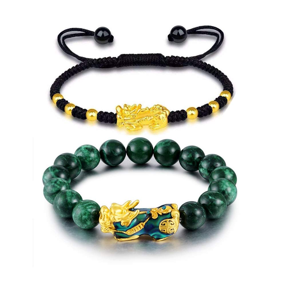 2pcs Pixiu Green Jade Natural Stone Change Color Elastic&Braided String Rope Bracelet Brave Troops Lucky Wealth Bracelet for Women Men Gift-Set 1