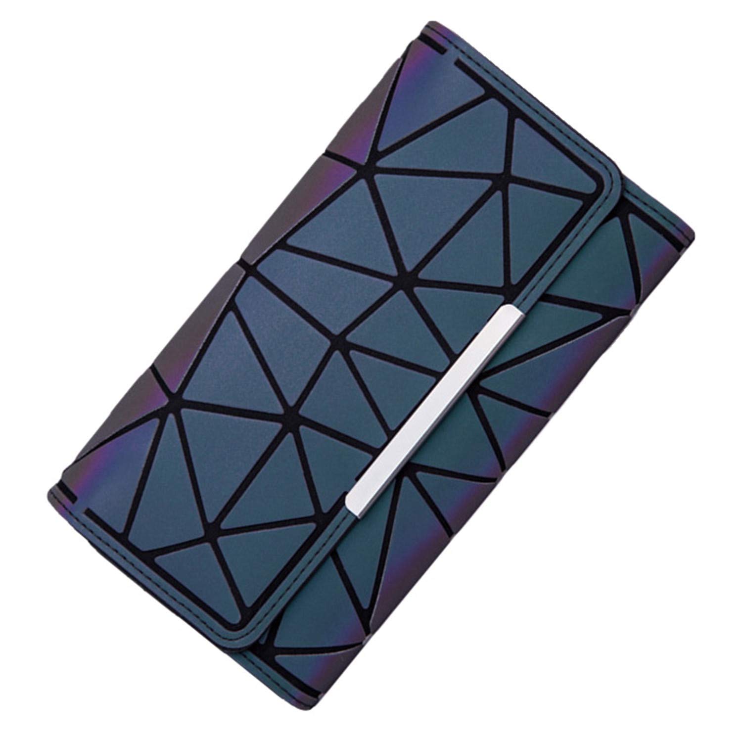 Andongnywell Iridescent Long Coin Purse Womens Geometric Rhomboids Wallets Trifold Reflective Clutch Luminous Wallet (Multicolor)